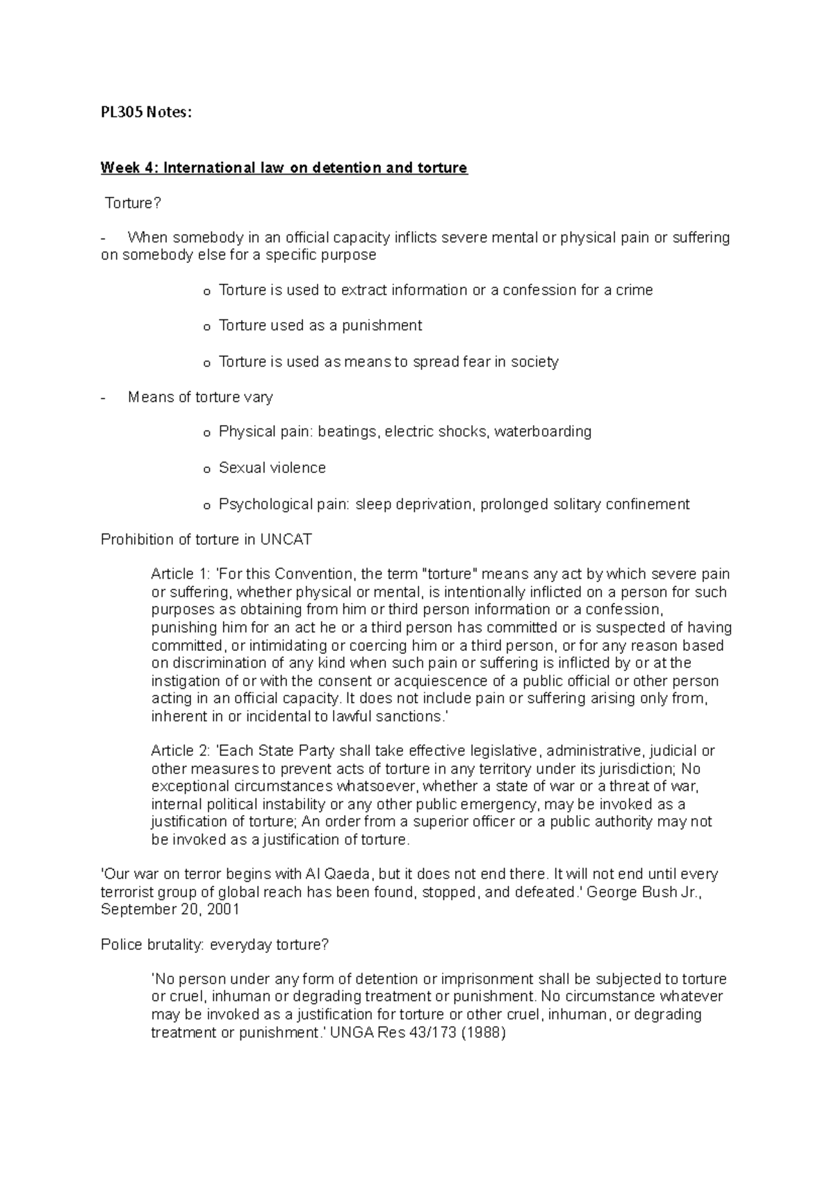 PL305 Notes Week 4 - Week 4: International law on detention and torture ...