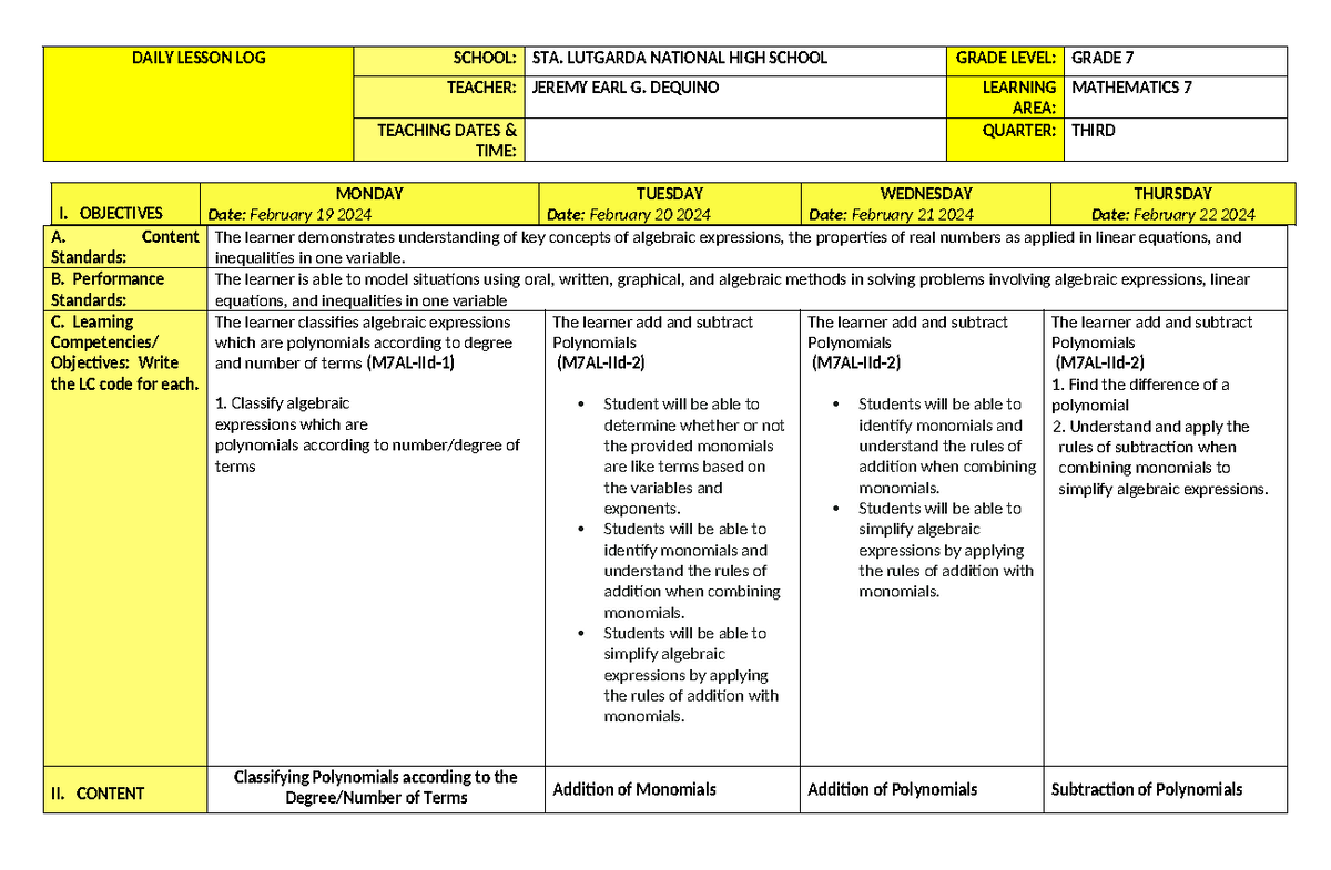 W1- Grade 7- Third Quarter-DLL - I. OBJECTIVES MONDAY Date: February 19 ...