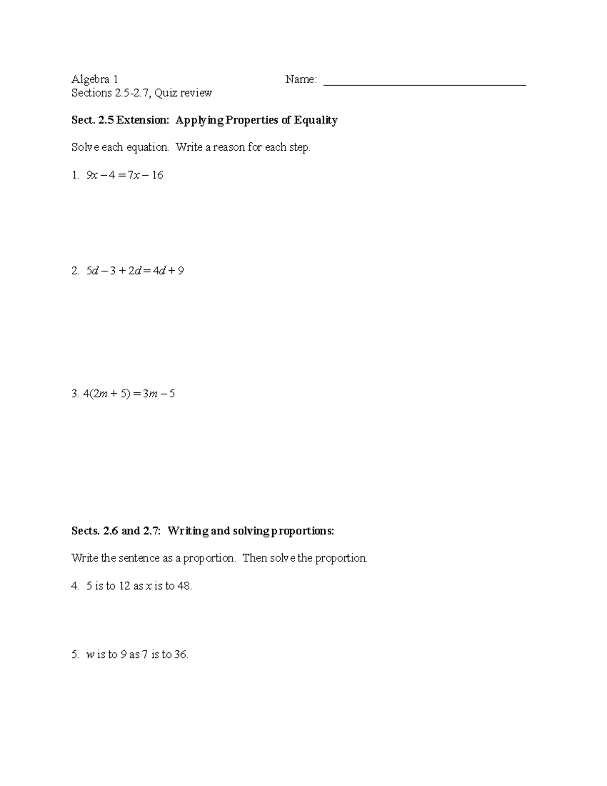 Quiz 2 review - Lol - Algebra 1 Name ...
