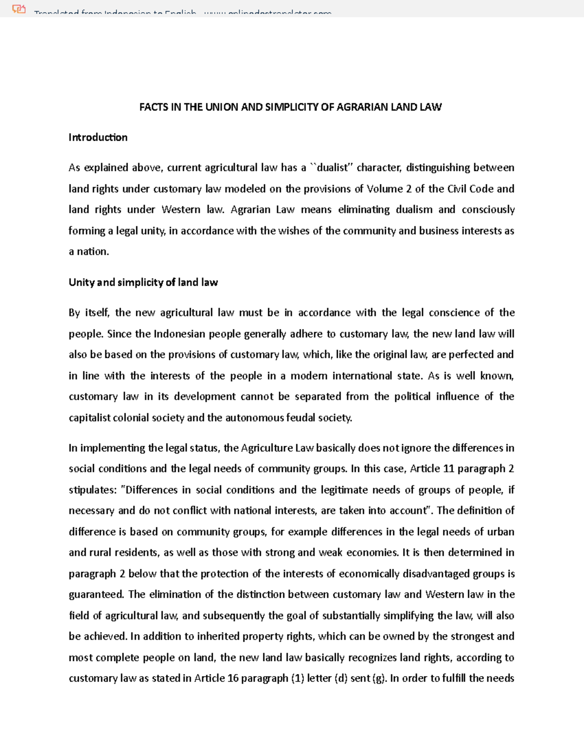 Facts IN THE Union AND Simplicity OF Agrarian LAND LAW - FACTS IN THE ...