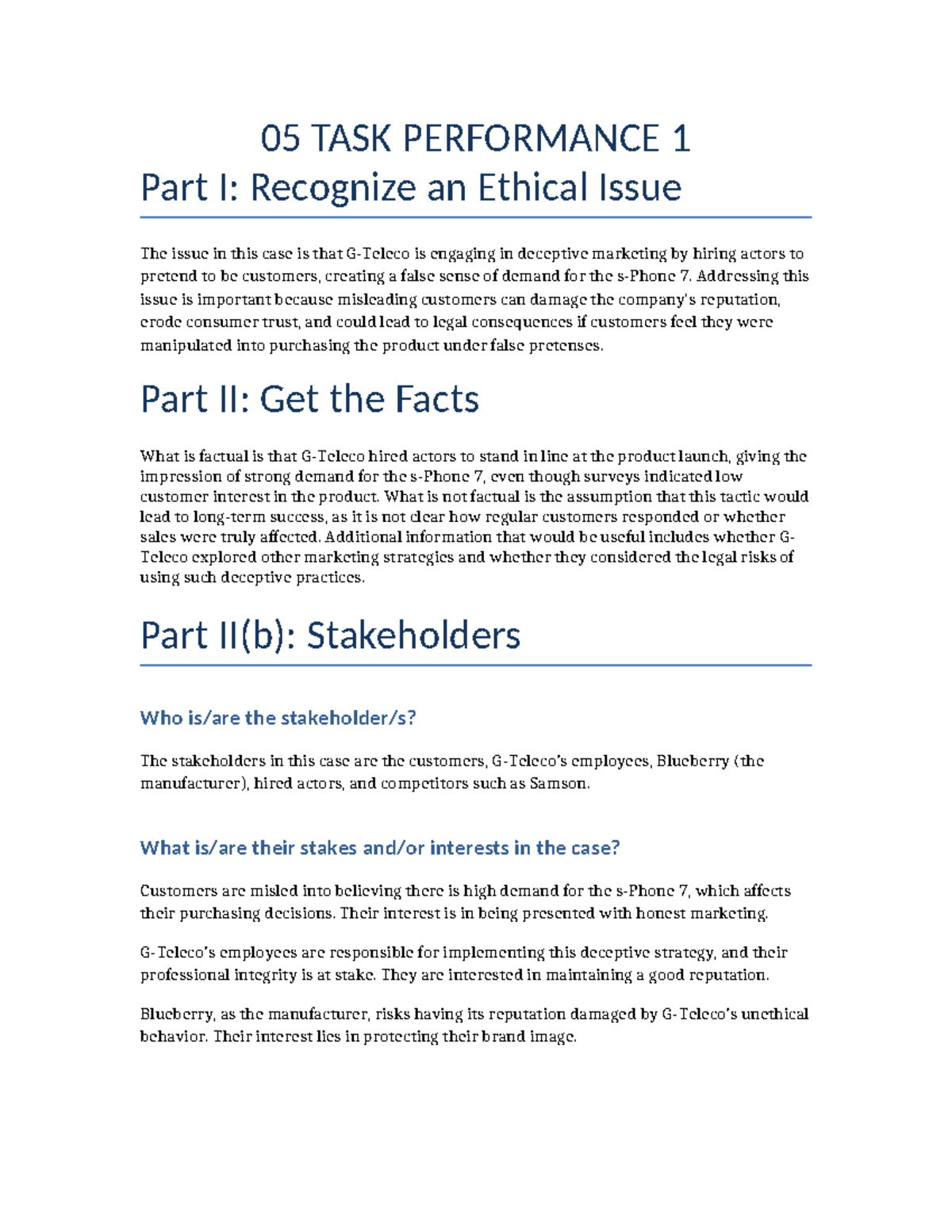 O5 TASK Perfomace 1 - Governance - 05 TASK PERFORMANCE 1 Part I: Recognize an Ethical Issue The ...