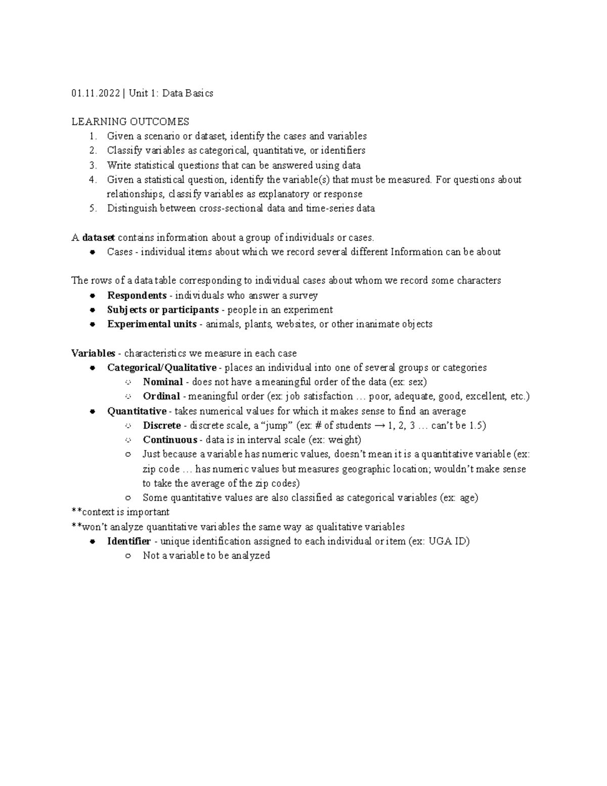 Unit 1 Basic Data Identify The Cases And Variables Classify