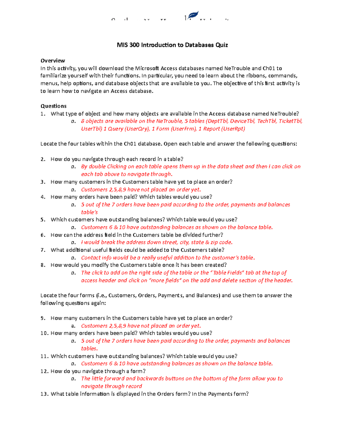 1 2 Database Activity Mis 300 Introduction To Databases Quiz Overview In This Activity You