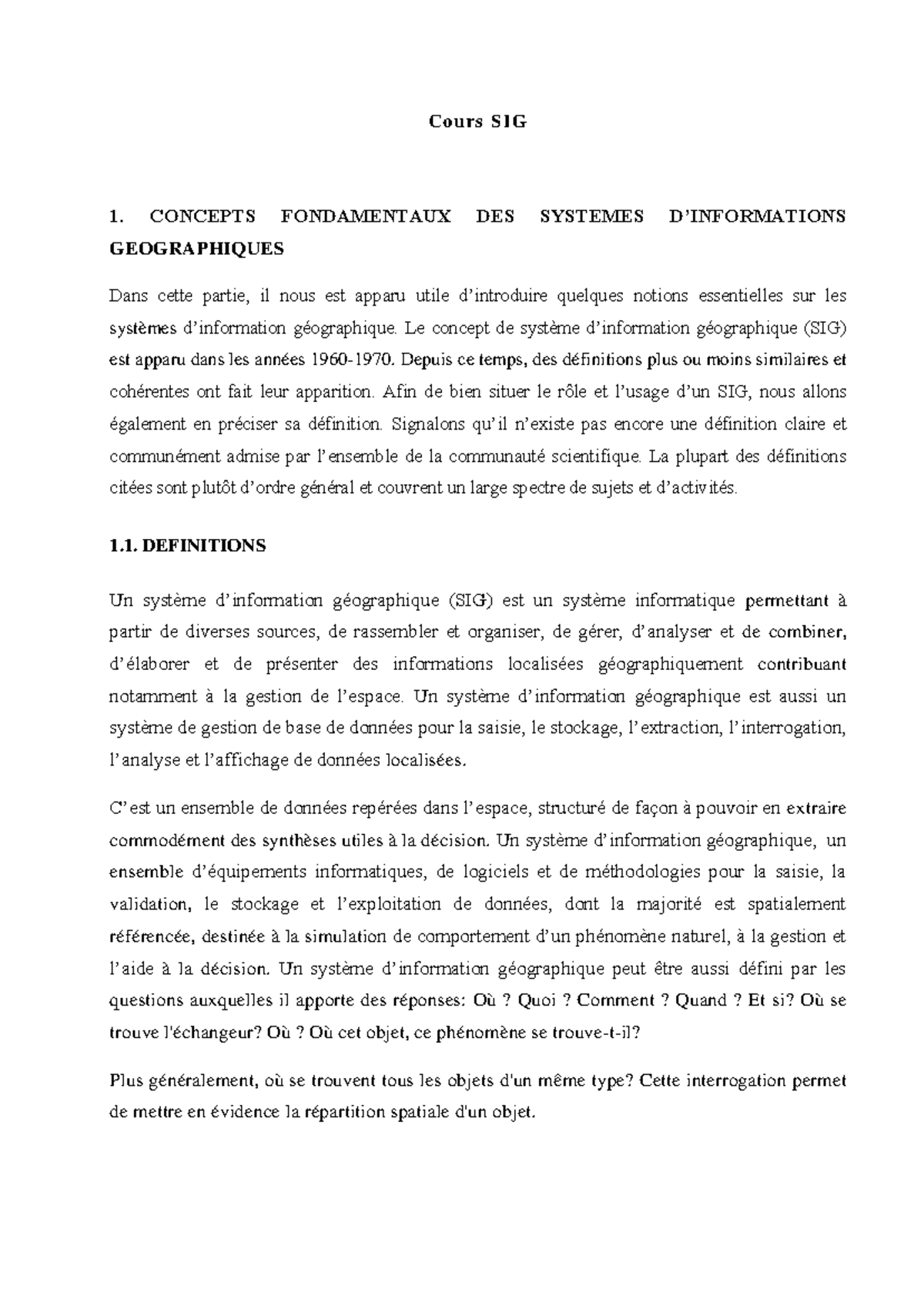 Systeme d Information Géographique +TP - Cours SIG 1. CONCEPTS FONDAMENTAUX DES SYSTEMES - Studocu