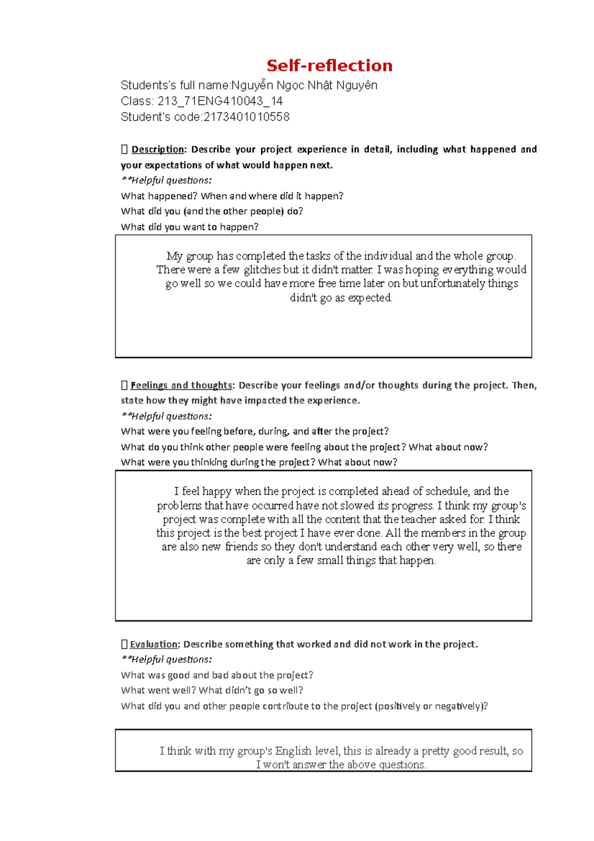SELF- Relfection Nguyễn Ngọc Nhật Nguyên group 2 - Self-reflection ...