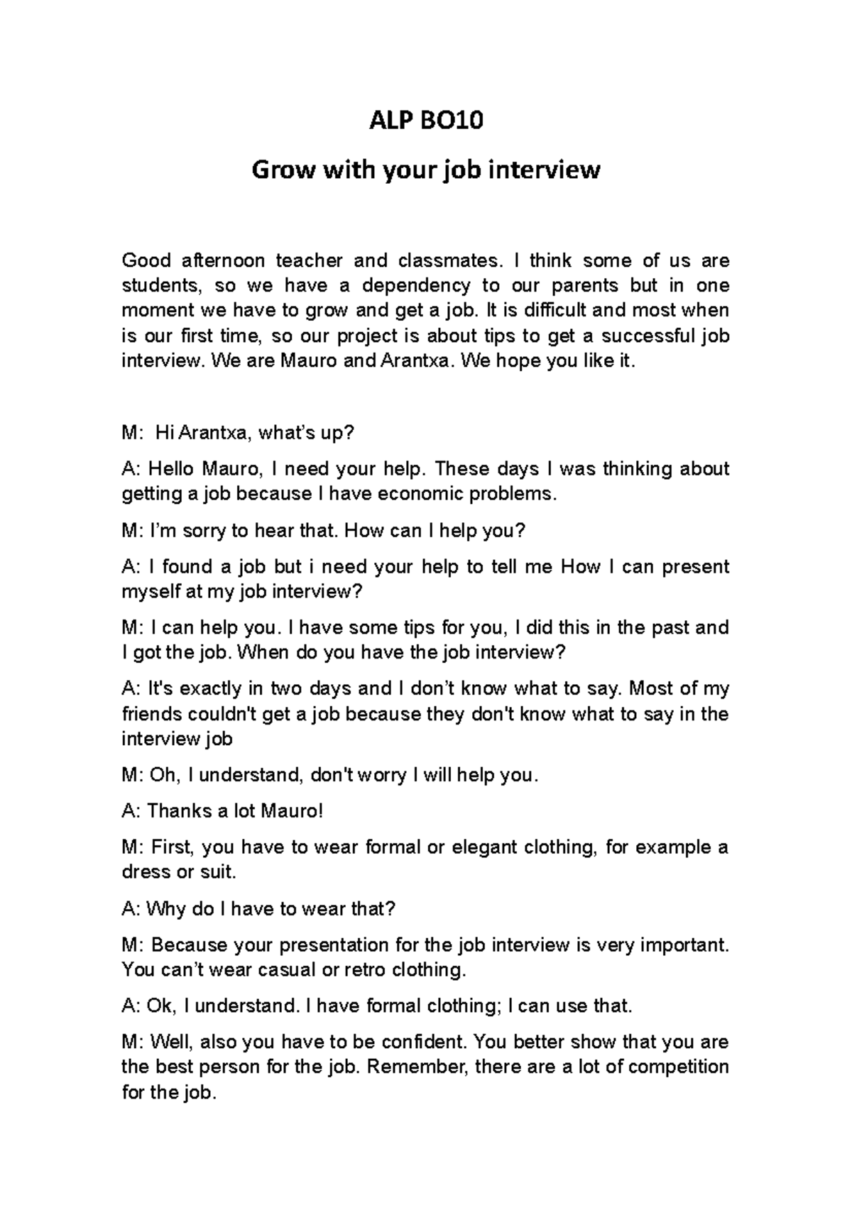 ALP BO10 - ´XD - ALP BO Grow with your job interview Good afternoon ...