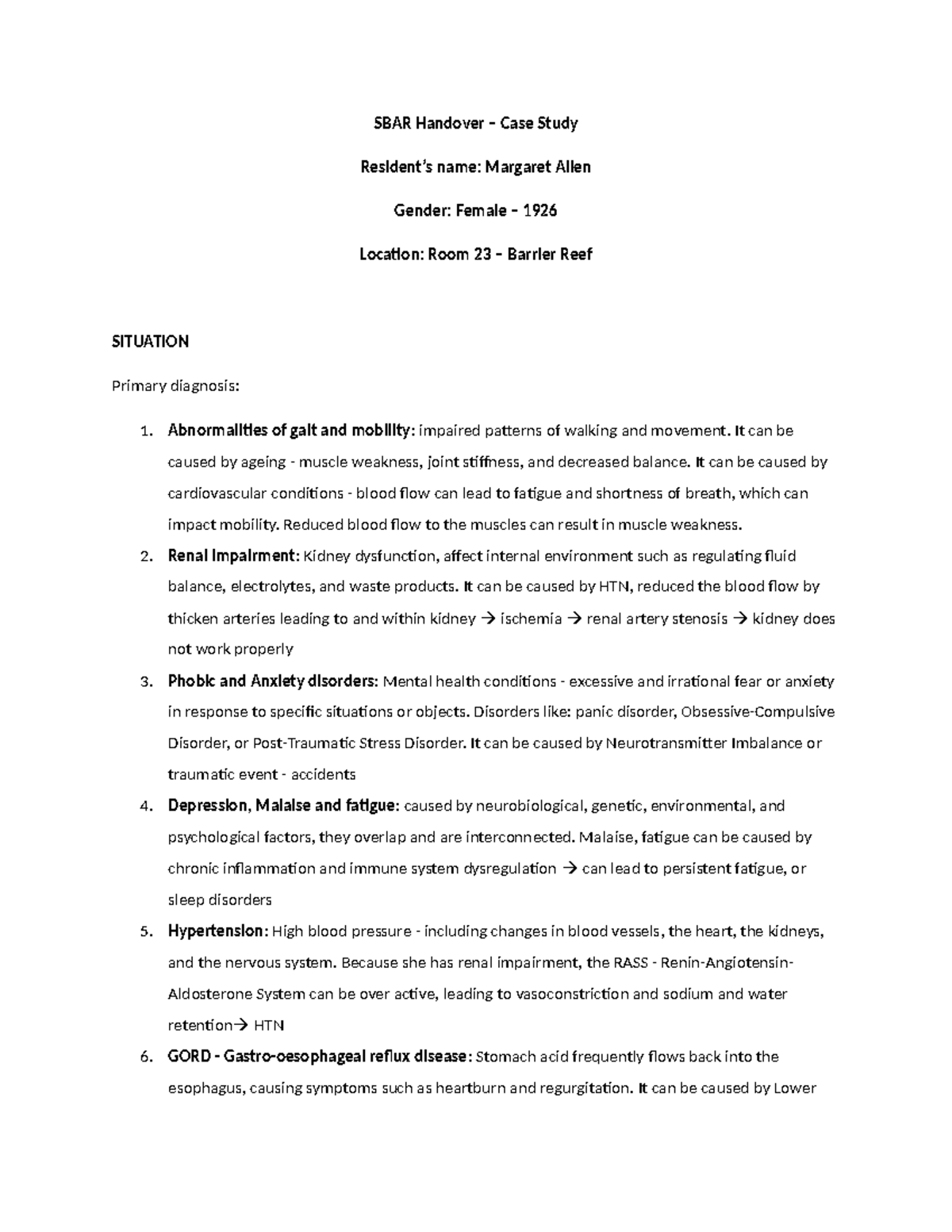 Case study placement - SBAR Handover – Case Study Resident’s name ...