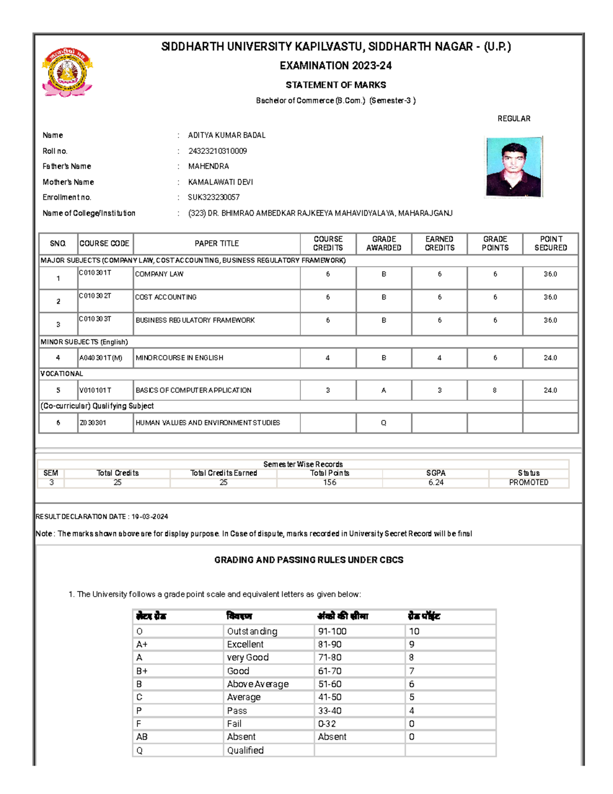 Aditya 3rd samester result - SIDDHARTH UNIVERSITY KAPILVASTU, SIDDHARTH ...