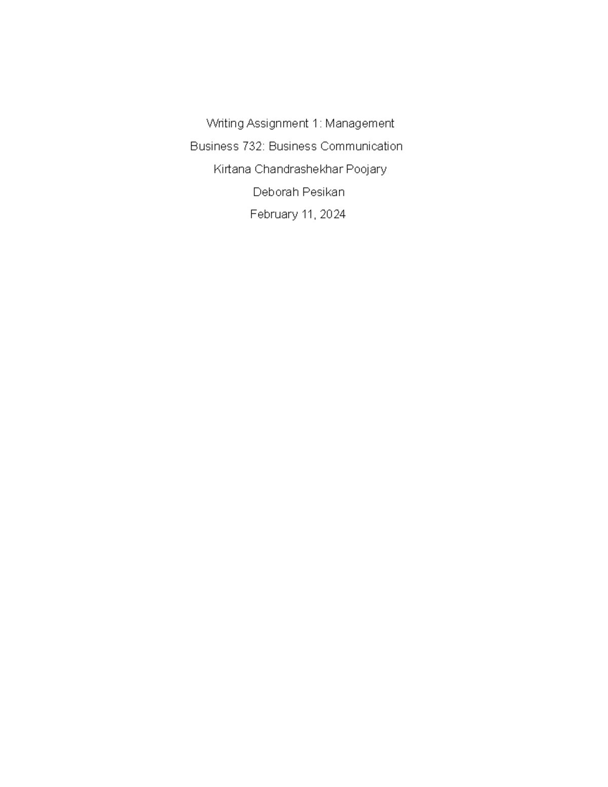 Management - Writing Assignment 1: Management Business 732: Business ...