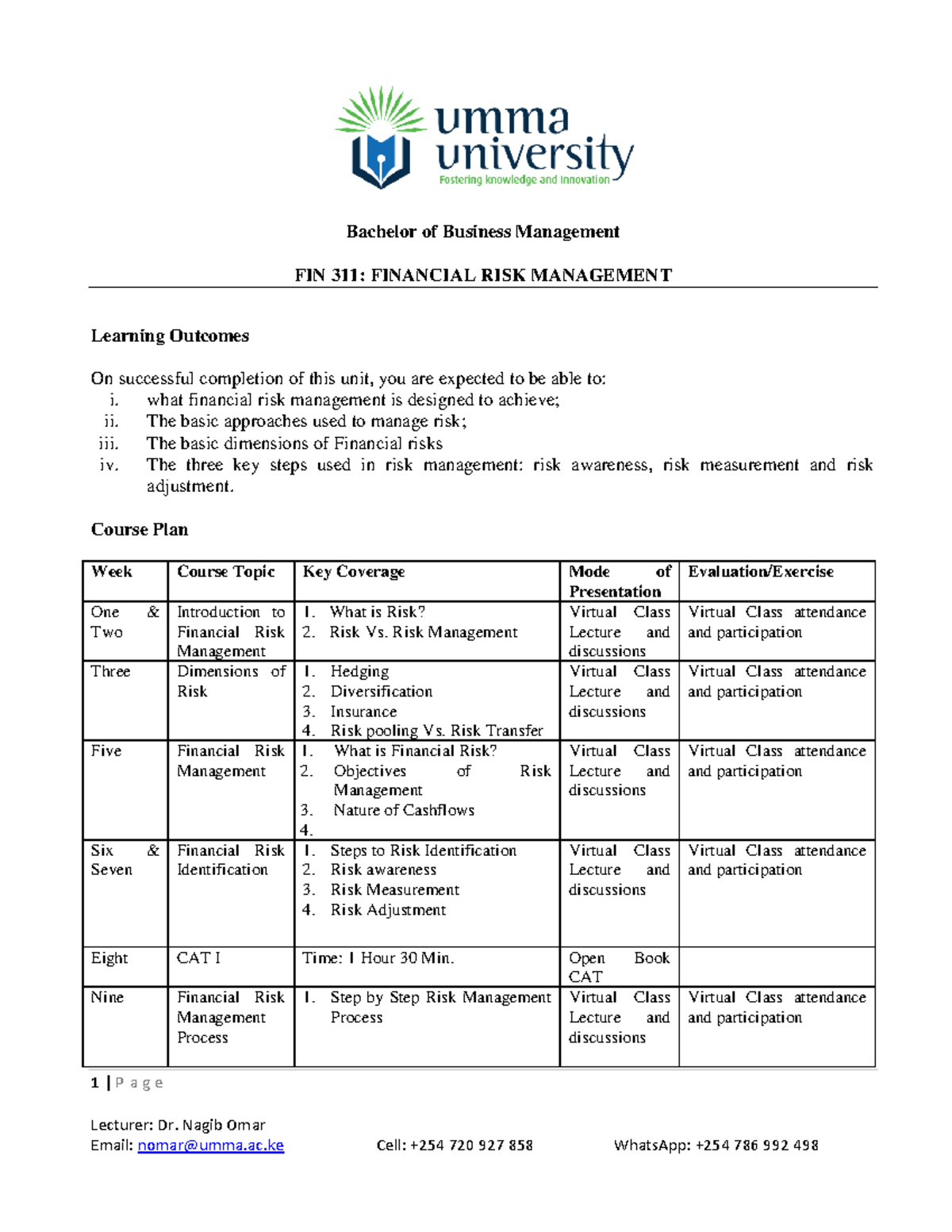 Financial Risk Management Course Plan BBM 2021 - 1 | P a g e Lecturer ...