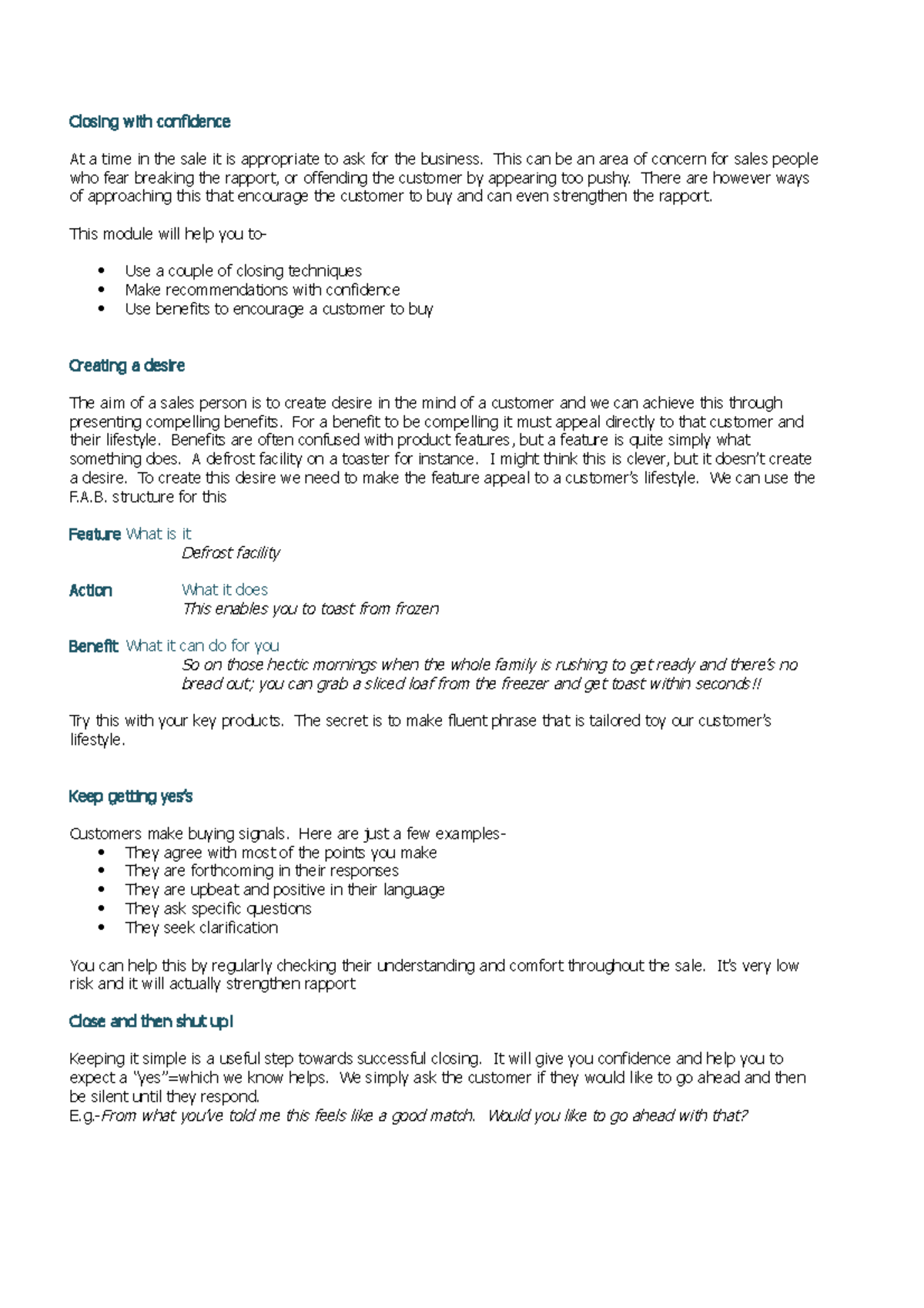 Training course 2 QBO OPTION DESCRIPTIONS - Closing with confidence At ...