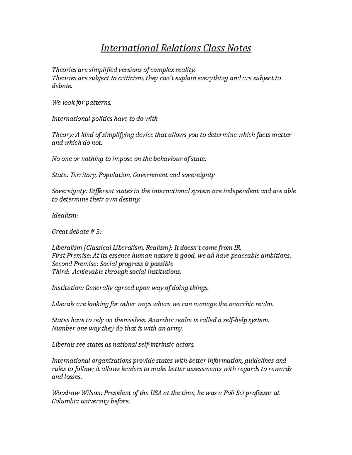 Lecture notes, Intro to International Relations - International ...