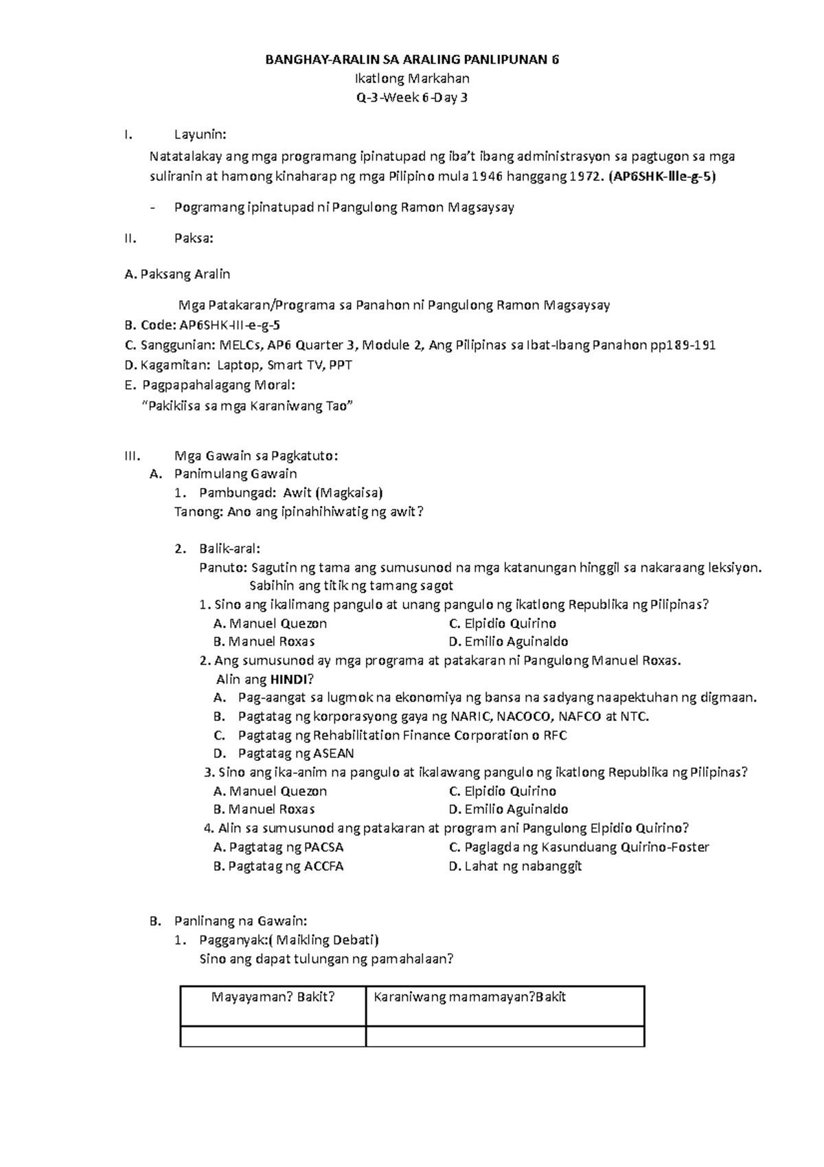 Lesson Plan in Araling Panlipunan 6 - BANGHAY-ARALIN SA ARALING ...