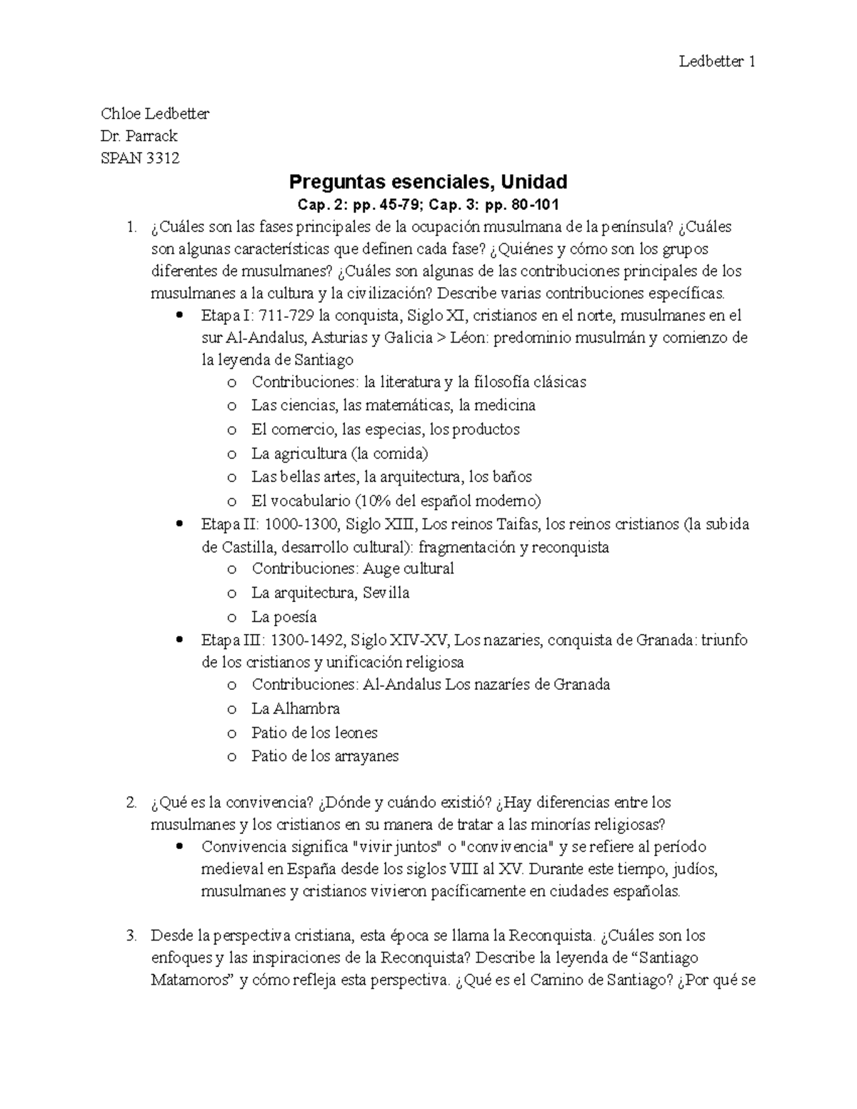 Preguntas esenciales Unidad 3 - Chloe Ledbetter Dr. Parrack SPAN 3312 ...