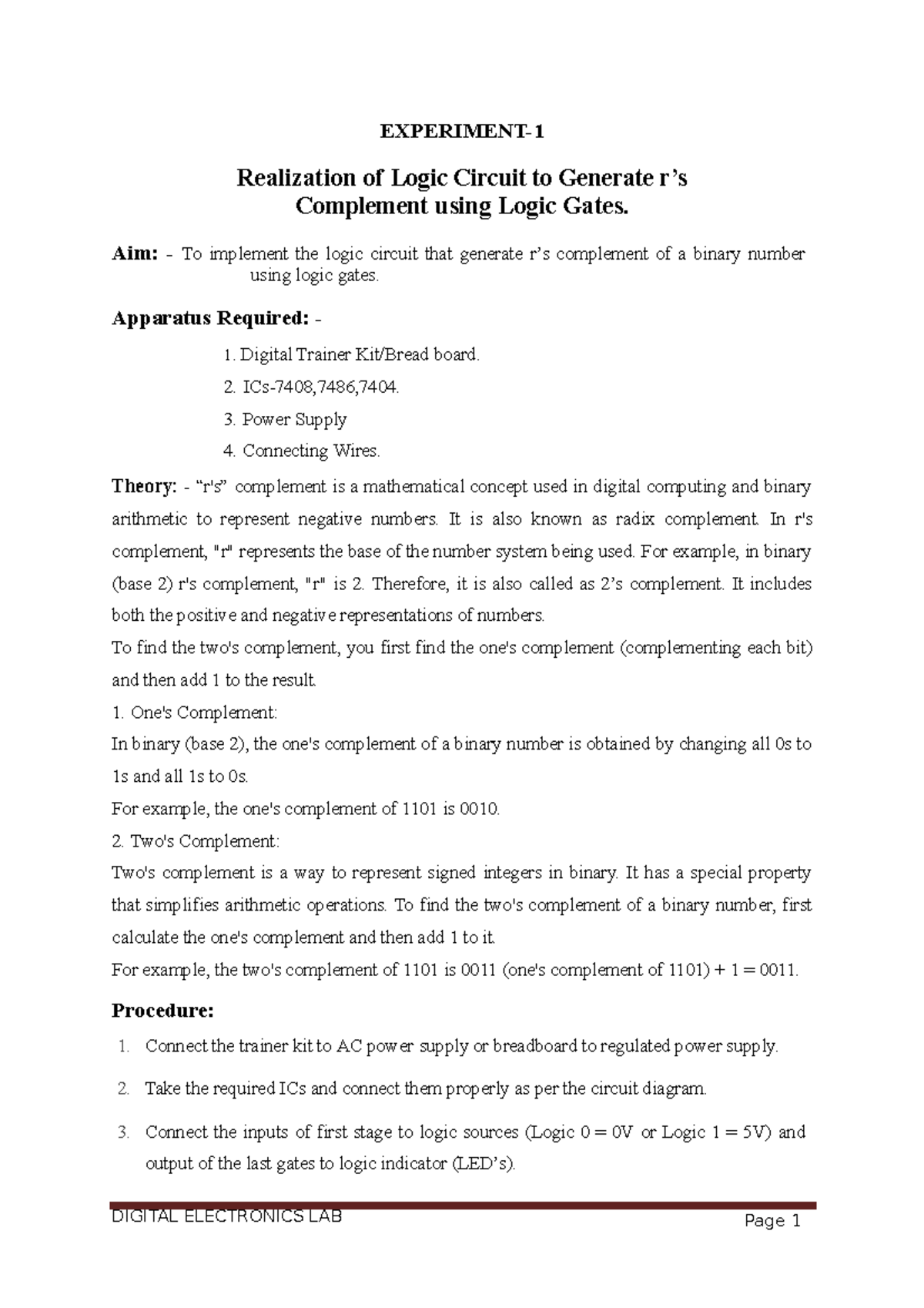 DE Lab 1st Exp-r's complement - EXPERIMENT- Realization of Logic ...