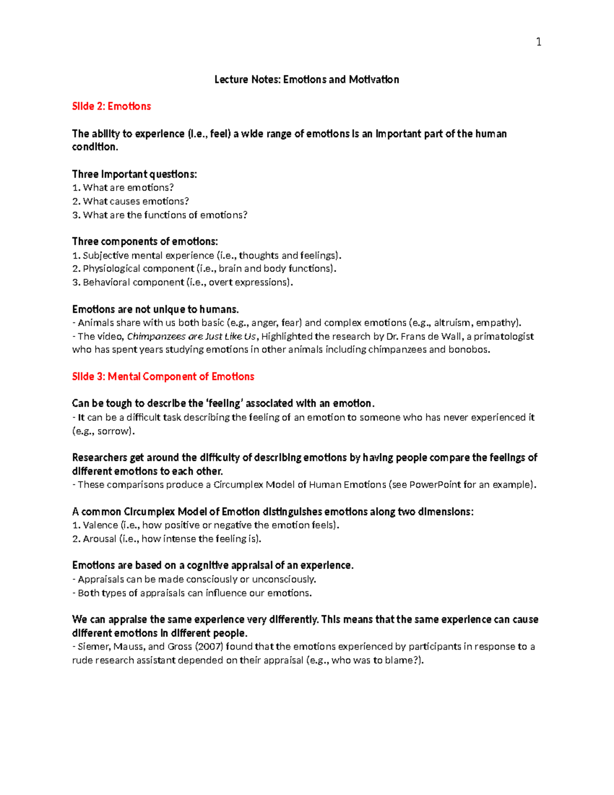 Lecture Notes Emotions and Motivation - , feel) a wide range of ...