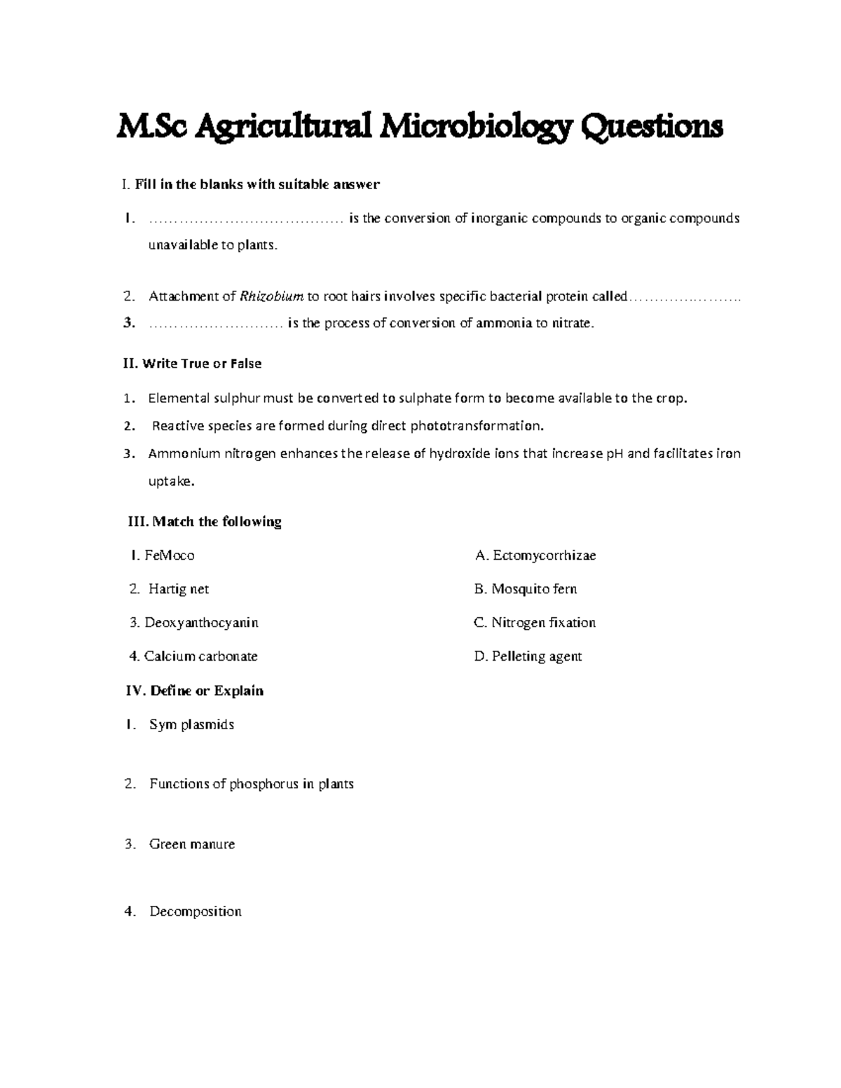 M.sc Agricultural Microbiology question paper - microbiolgy - VIT - Studocu