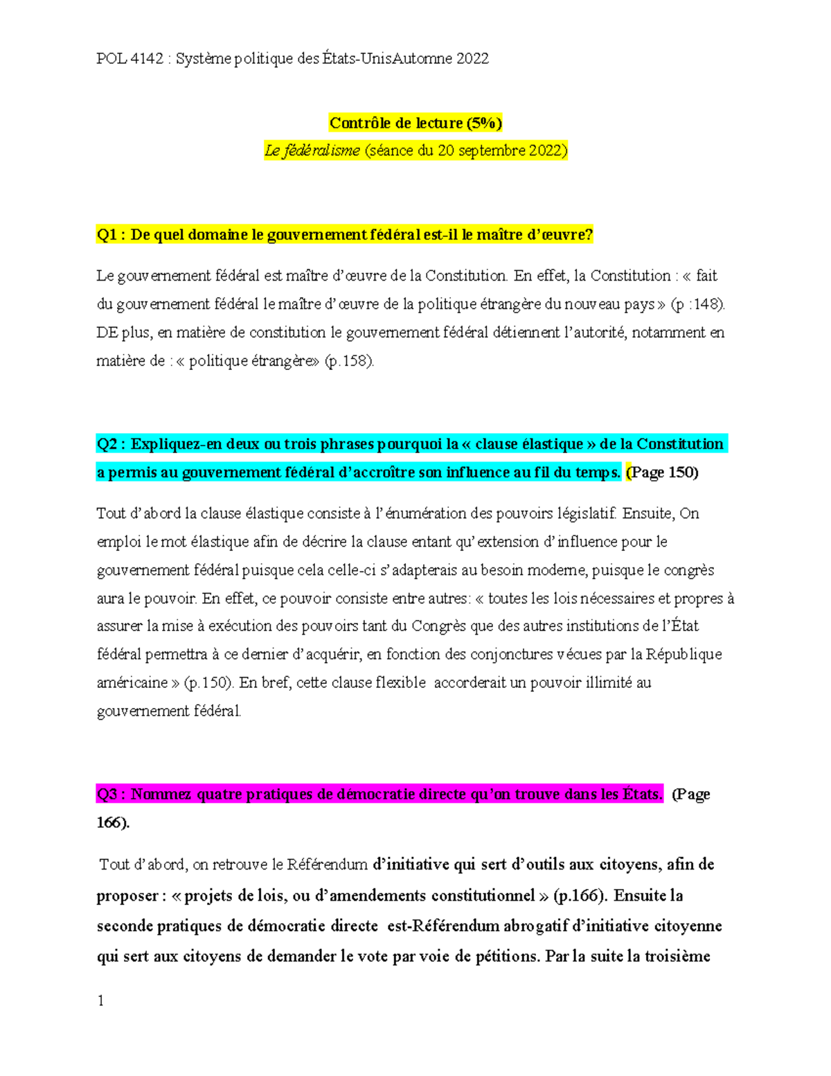 Contrôle de lecture 3 27 septembre - federalisme - POL 4142 : Système ...