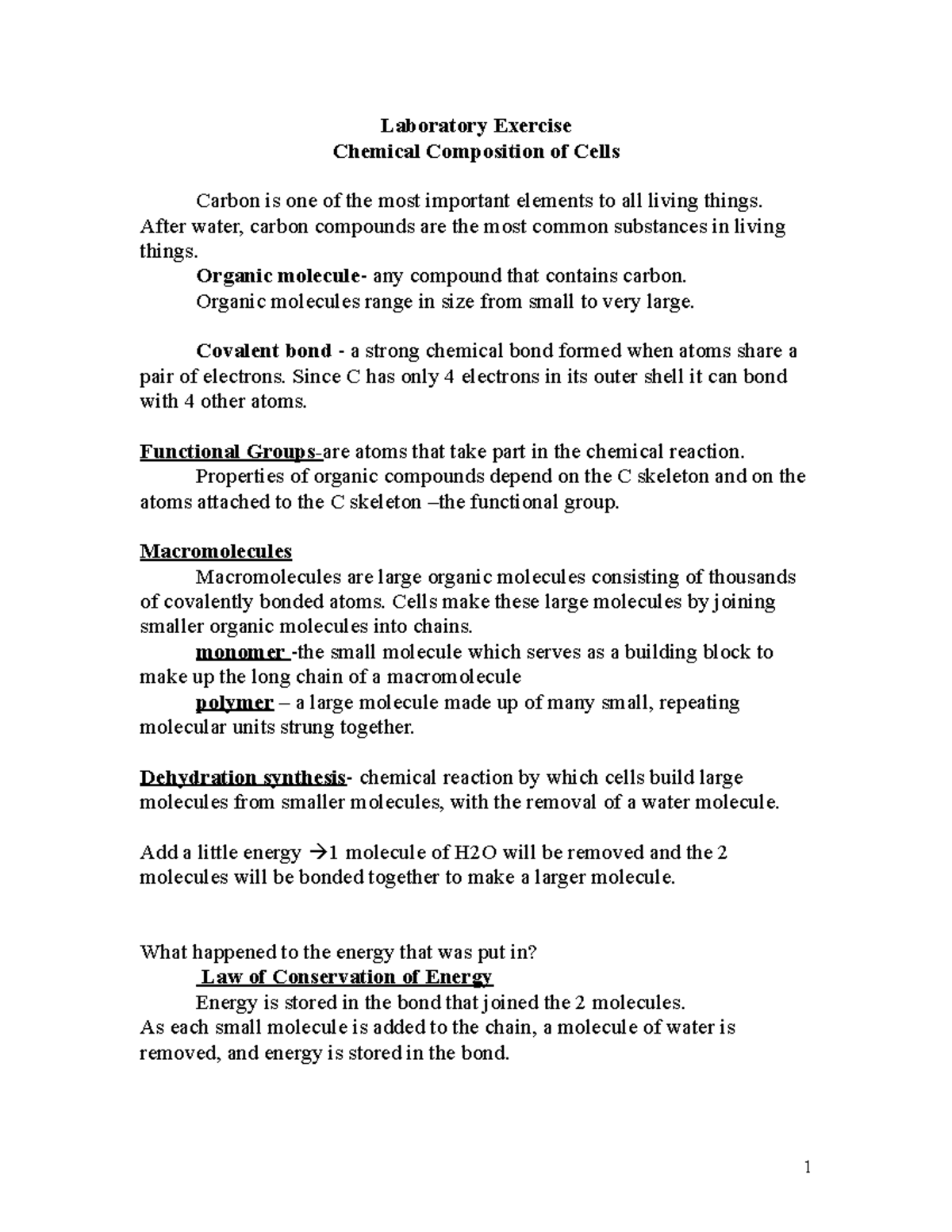 Macromolecules notes - BIOL101 LAB Maria Judice - Laboratory Exercise ...