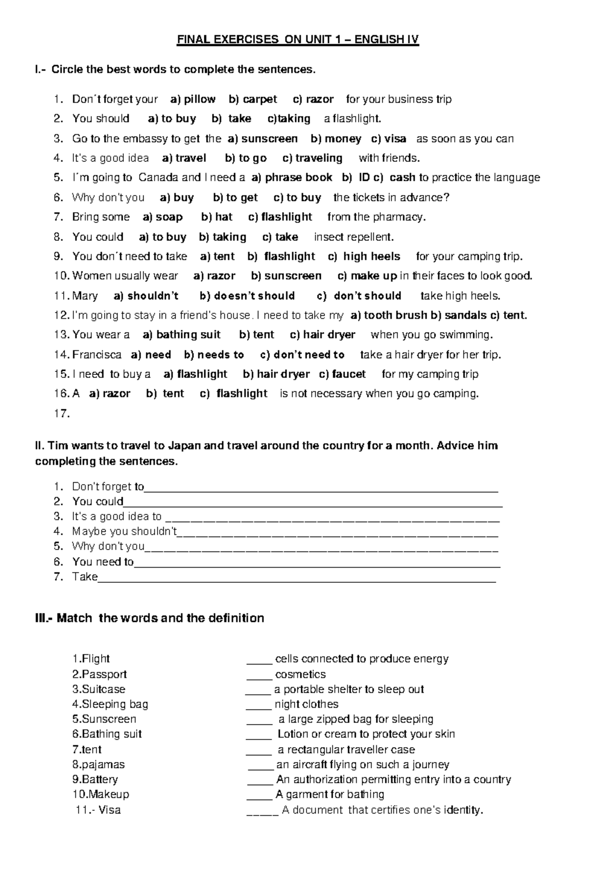 Final Exercises-1 - EJERCICIOS DE INGLES - FINAL EXERCISES ON UNIT 1 – ENGLISH IV I.- Circle the ...