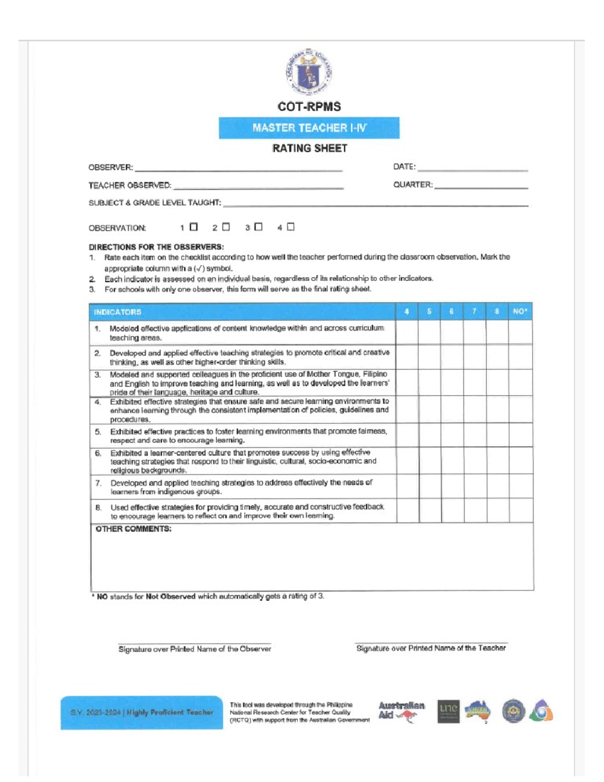 Doc1 100035 - Improving basic English among grade 10 learners - HG MASTER TEACHER RATING SHEET ...