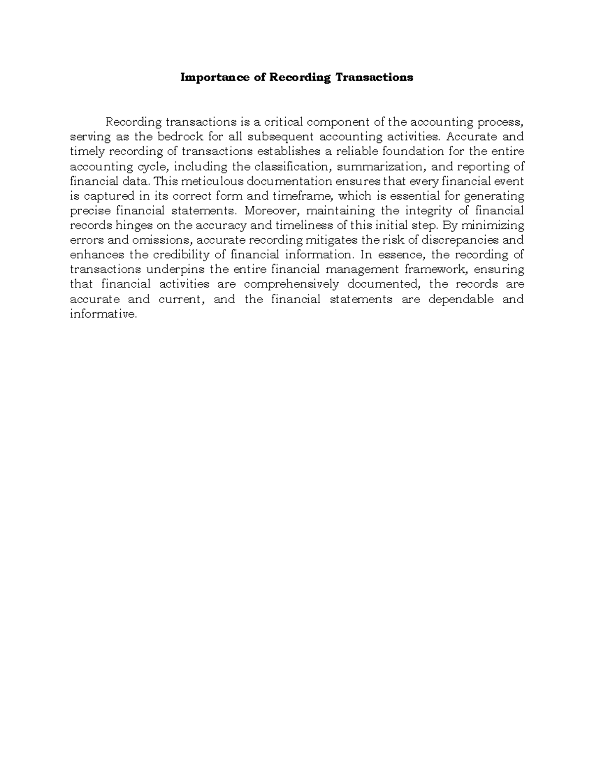Importance of Recording Transactions - Importance of Recording ...