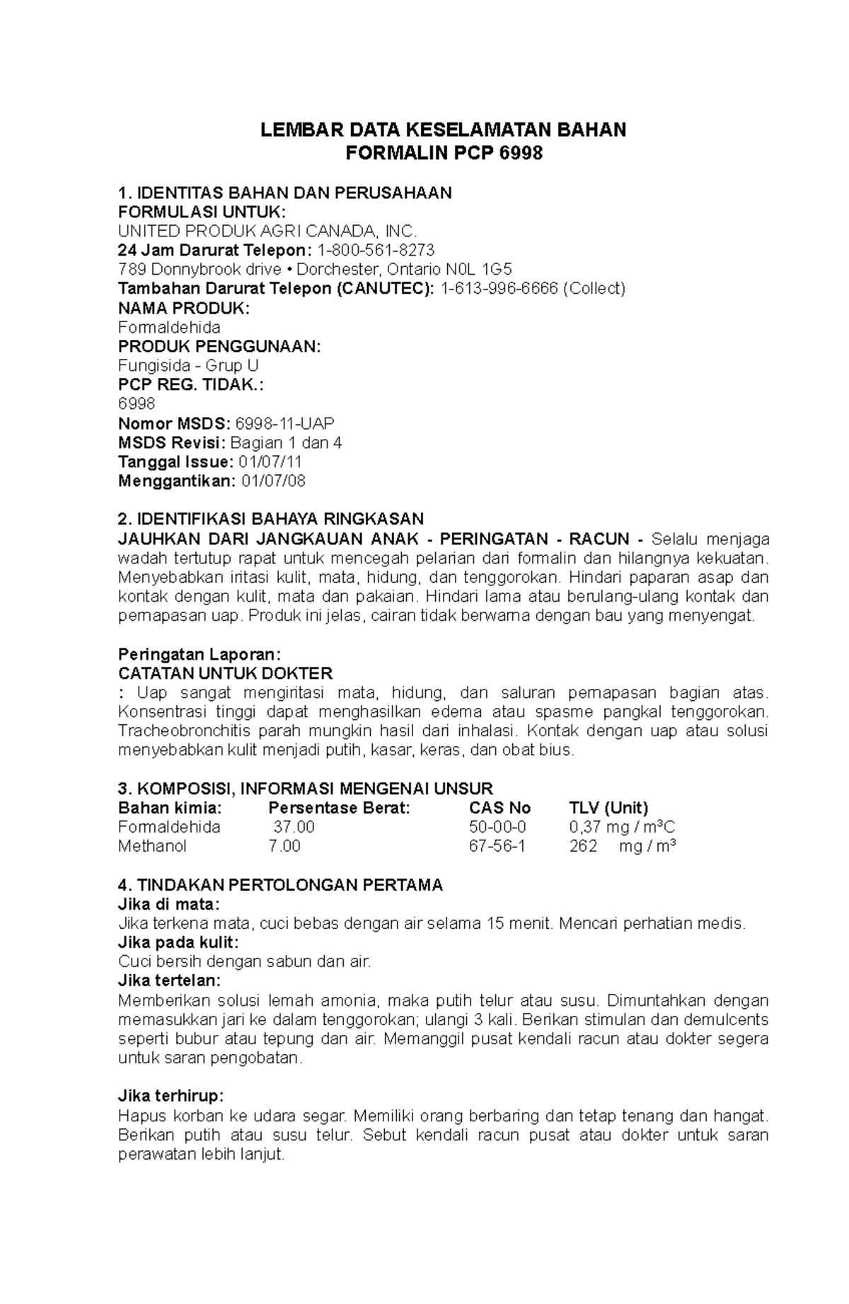 Msds-formalin compress - LEMBAR DATA KESELAMATAN BAHAN FORMALIN PCP ...