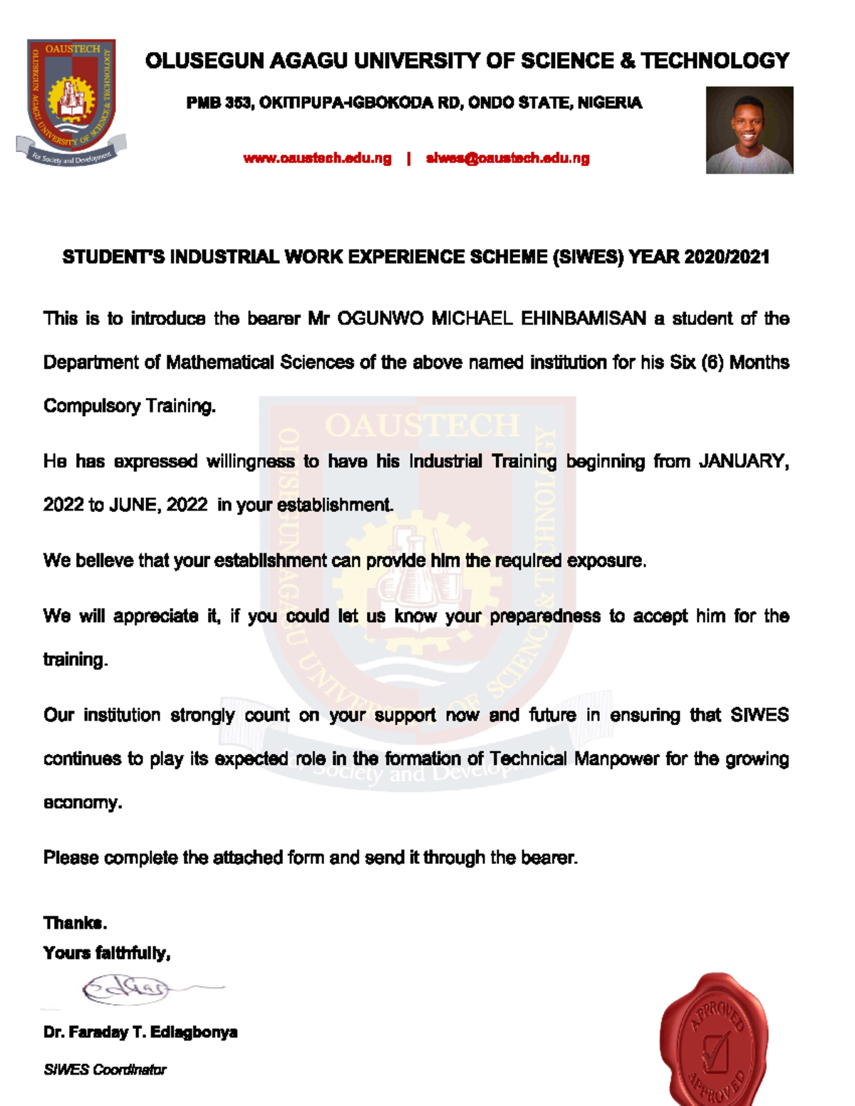 Siwes Introduction Letter - Computer science - Studocu