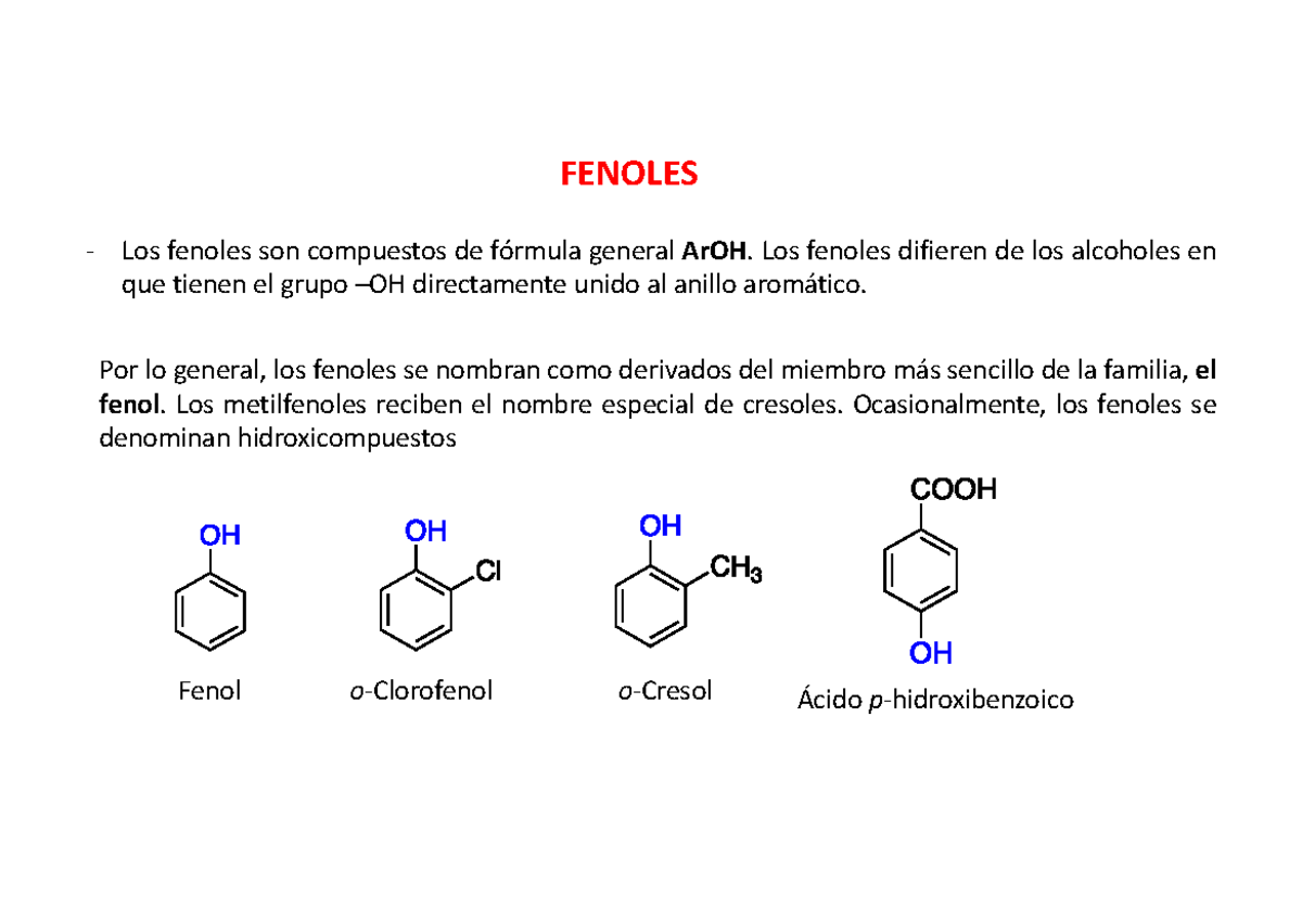 Fenoles- Clase de orgánica 2 - FENOLES Los fenoles son compuestos de ...