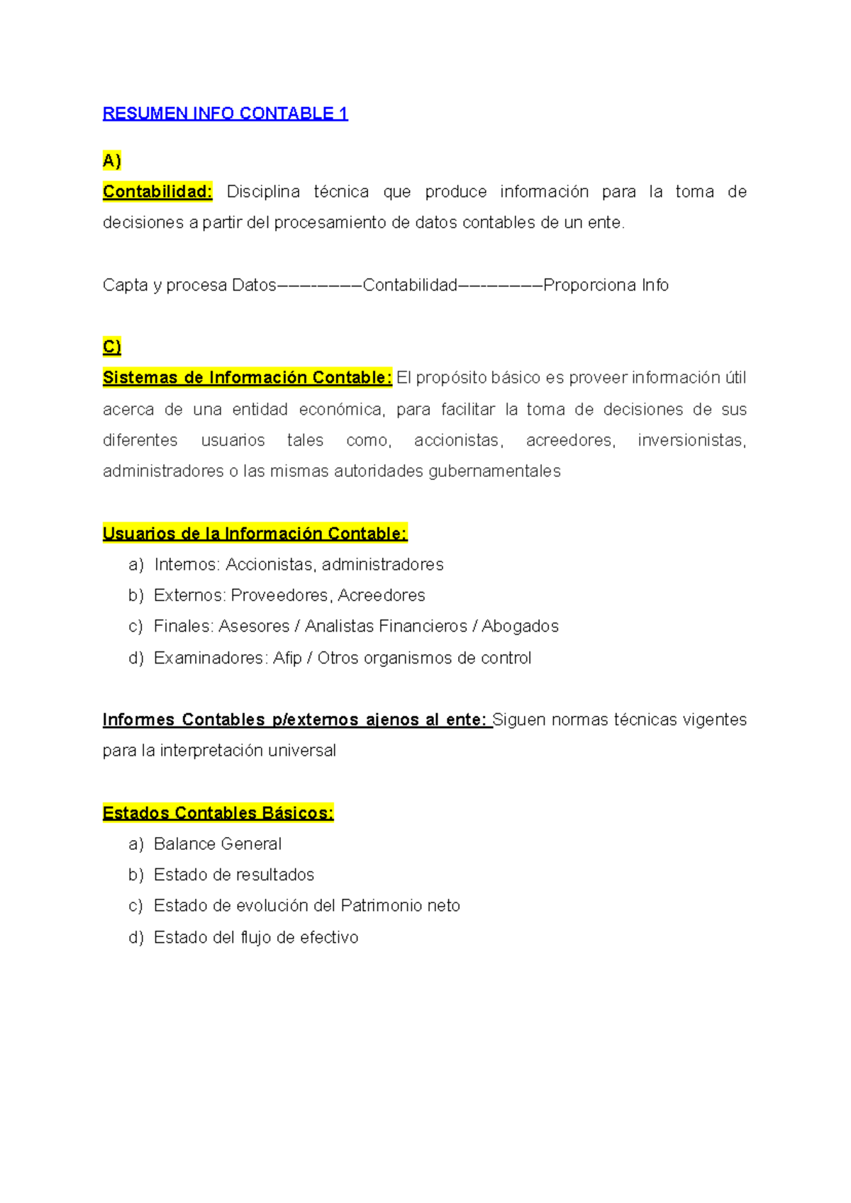 Resumen Info Contable 1 - RESUMEN INFO CONTABLE 1 A) Contabilidad ...