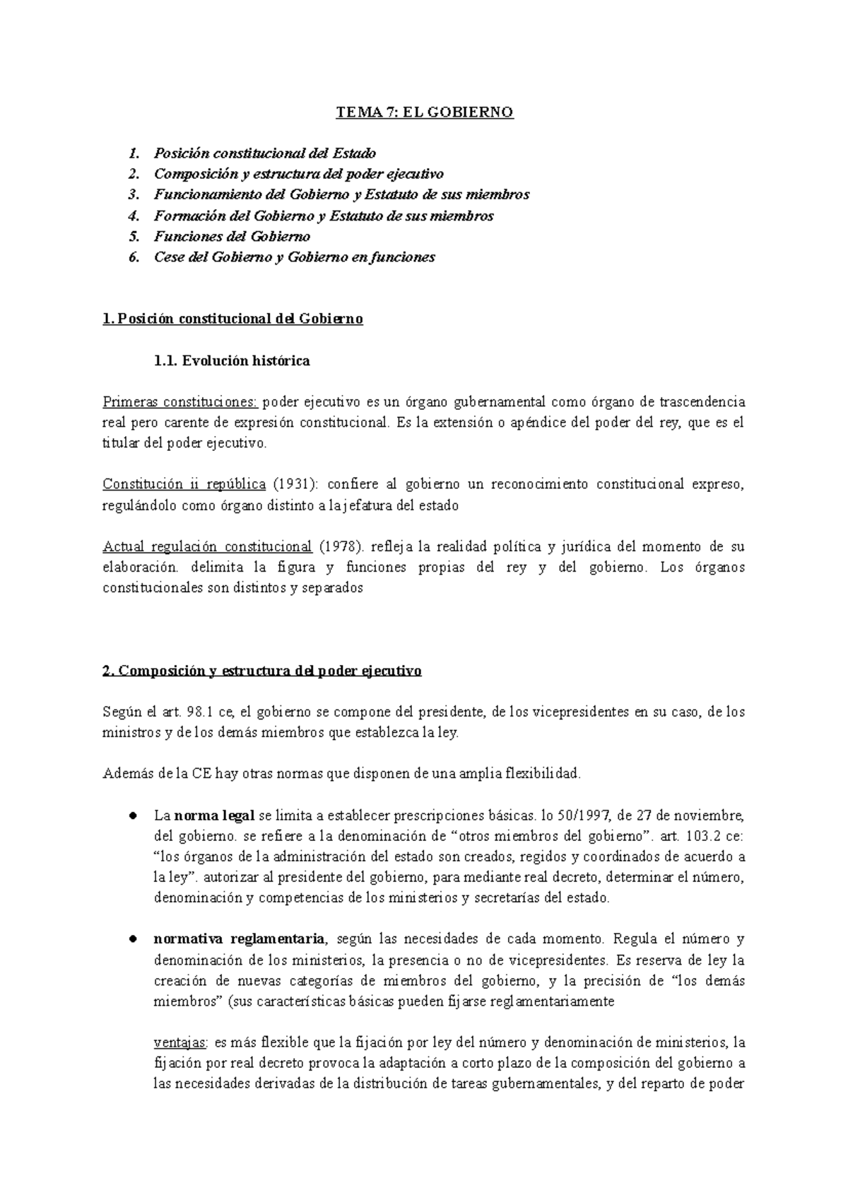 TEMA 7 consti - Tema 7 - TEMA 7: EL GOBIERNO Posición constitucional del Estado Composición y ...