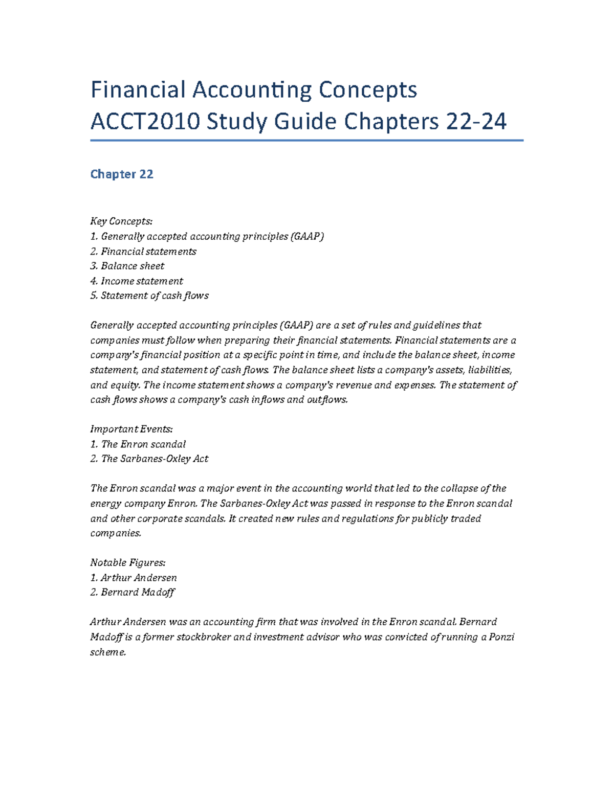 Financial Accounting Concepts ACCT2010 Study Guide Chapters 22-24 ...