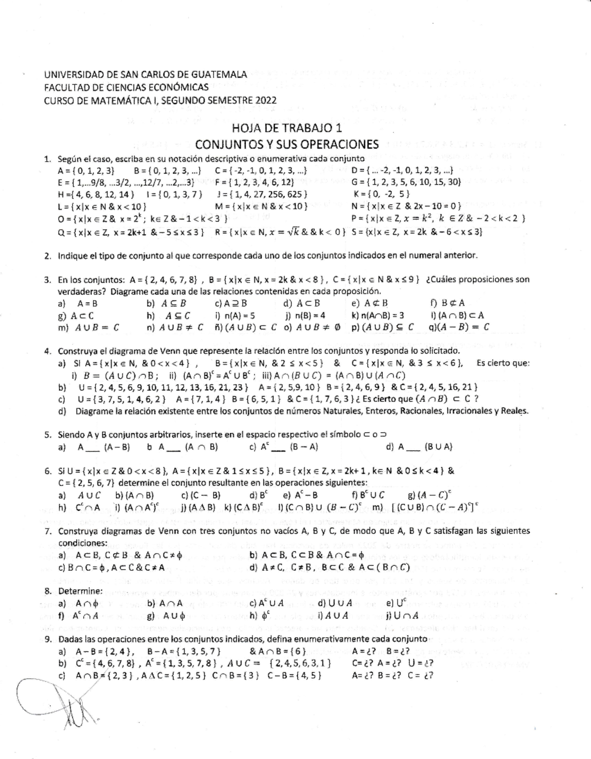 HOJA DE Trabajo 1, Conjuntos Y Operaciones - UNIVERSIDAD DE SAN CARLOS DE GUATEMALA FACULTAD DE ...