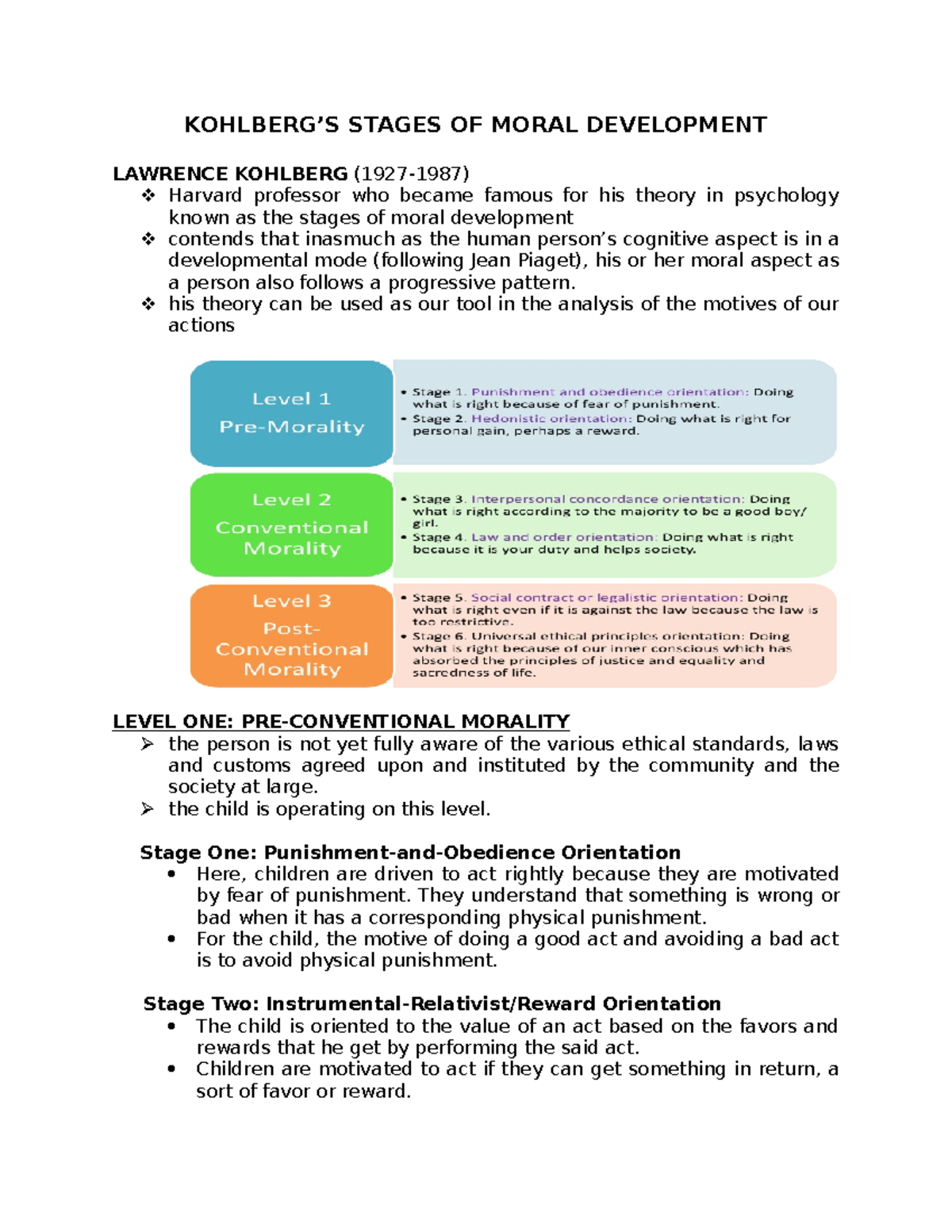 Lawrence- Kohlberg-1 - Lecture notes 1 - KOHLBERG’S STAGES OF MORAL ...