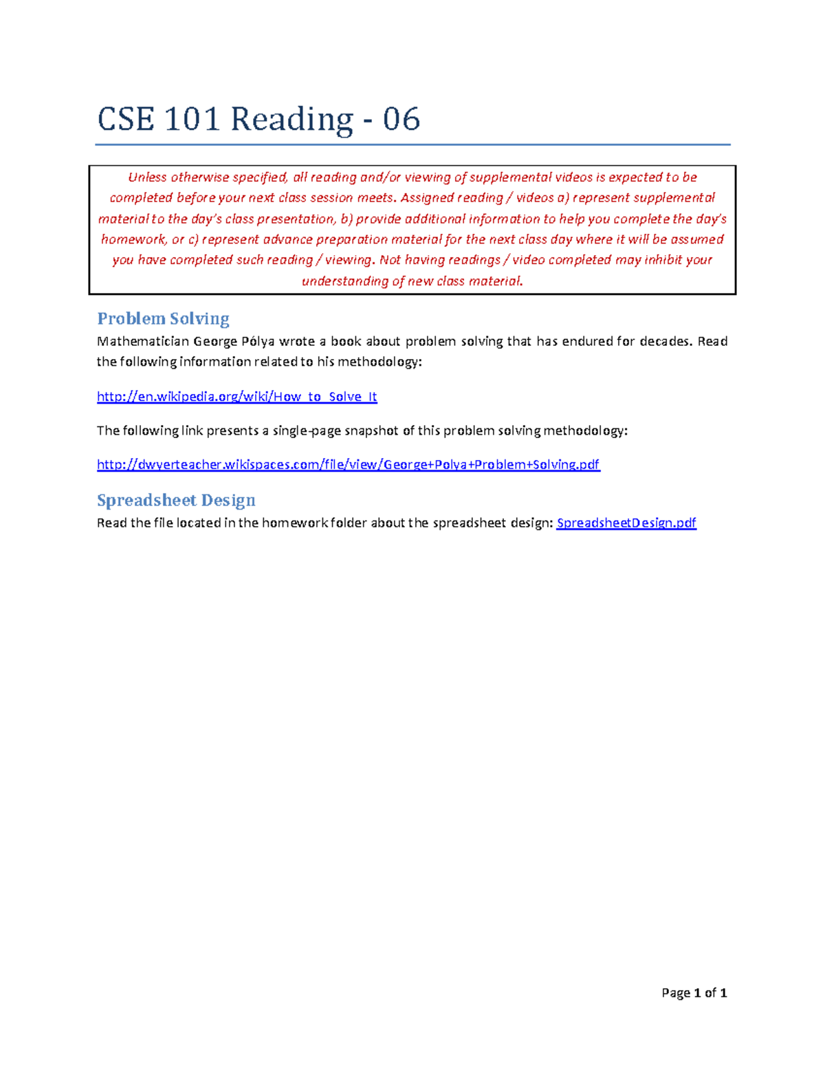 Day06 Readings - Page 1 of 1 CSE 101 Reading - 06 Unless otherwise specified, all reading and/or ...