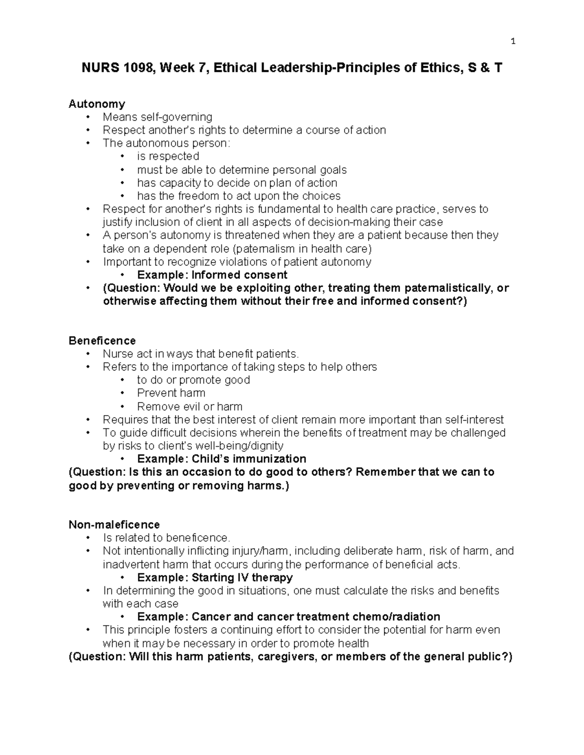 Principles of Ethics-S T - 1 NURS 1098, Week 7, Ethical Leadership ...