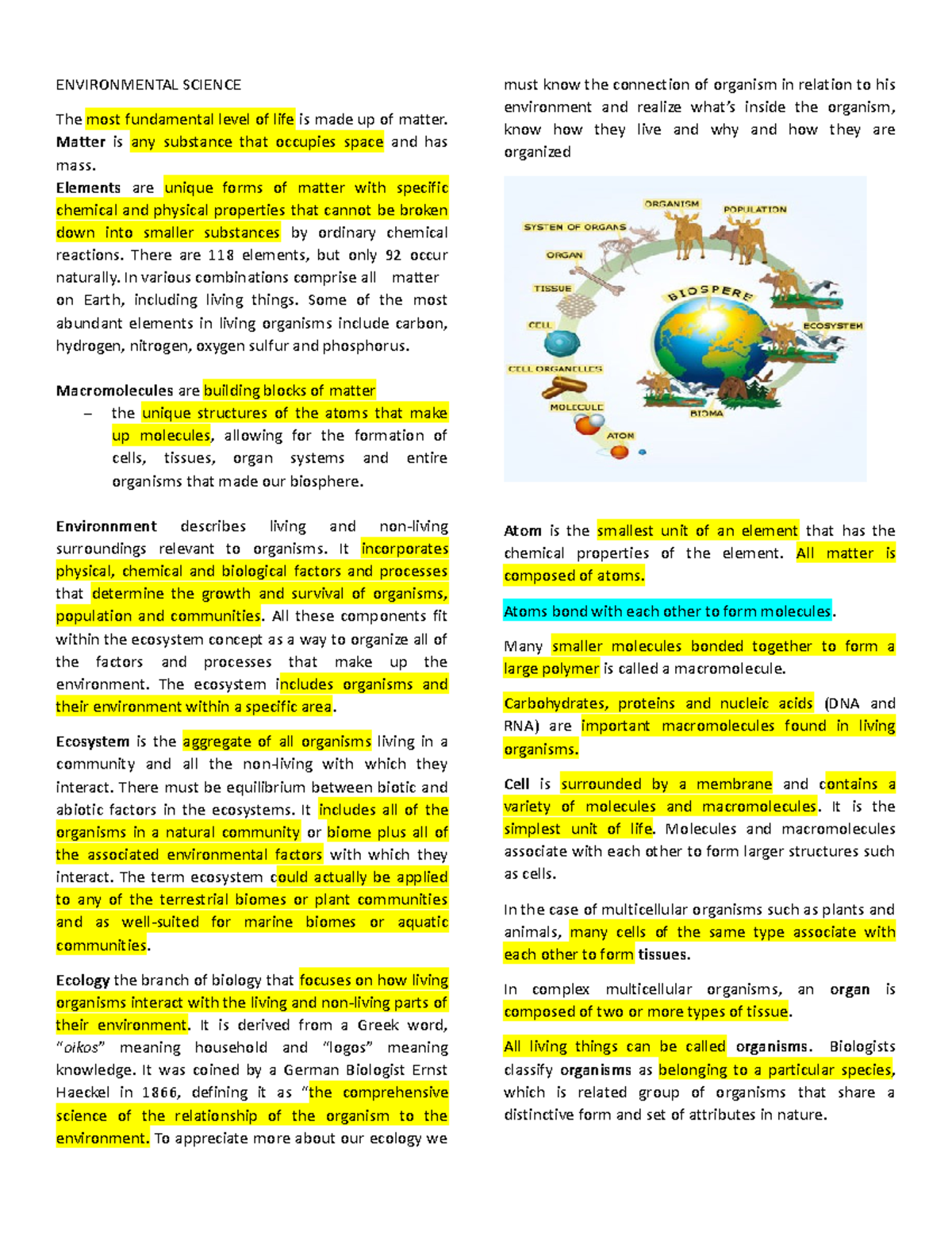 Envi scie reviewer - ENVIRONMENTAL SCIENCE The most fundamental level ...