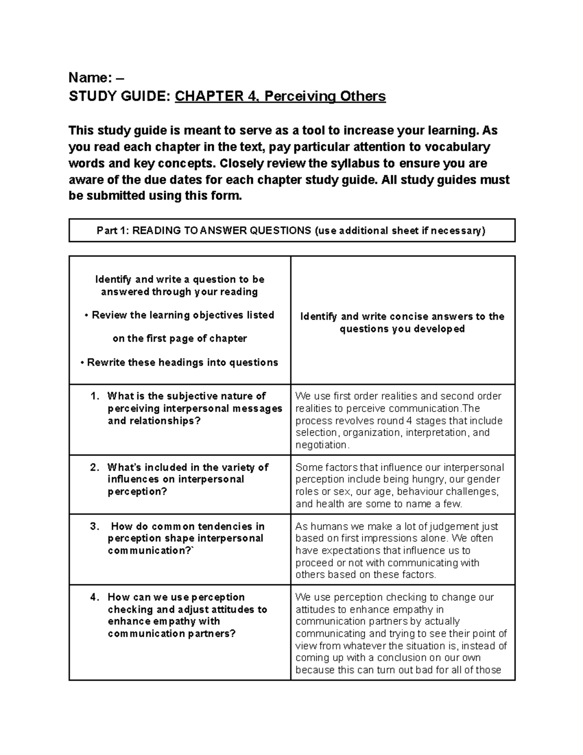 CH. 4 S.G. Communication Studies - Name: – STUDY GUIDE: CHAPTER 4, Perceiving Others This study ...