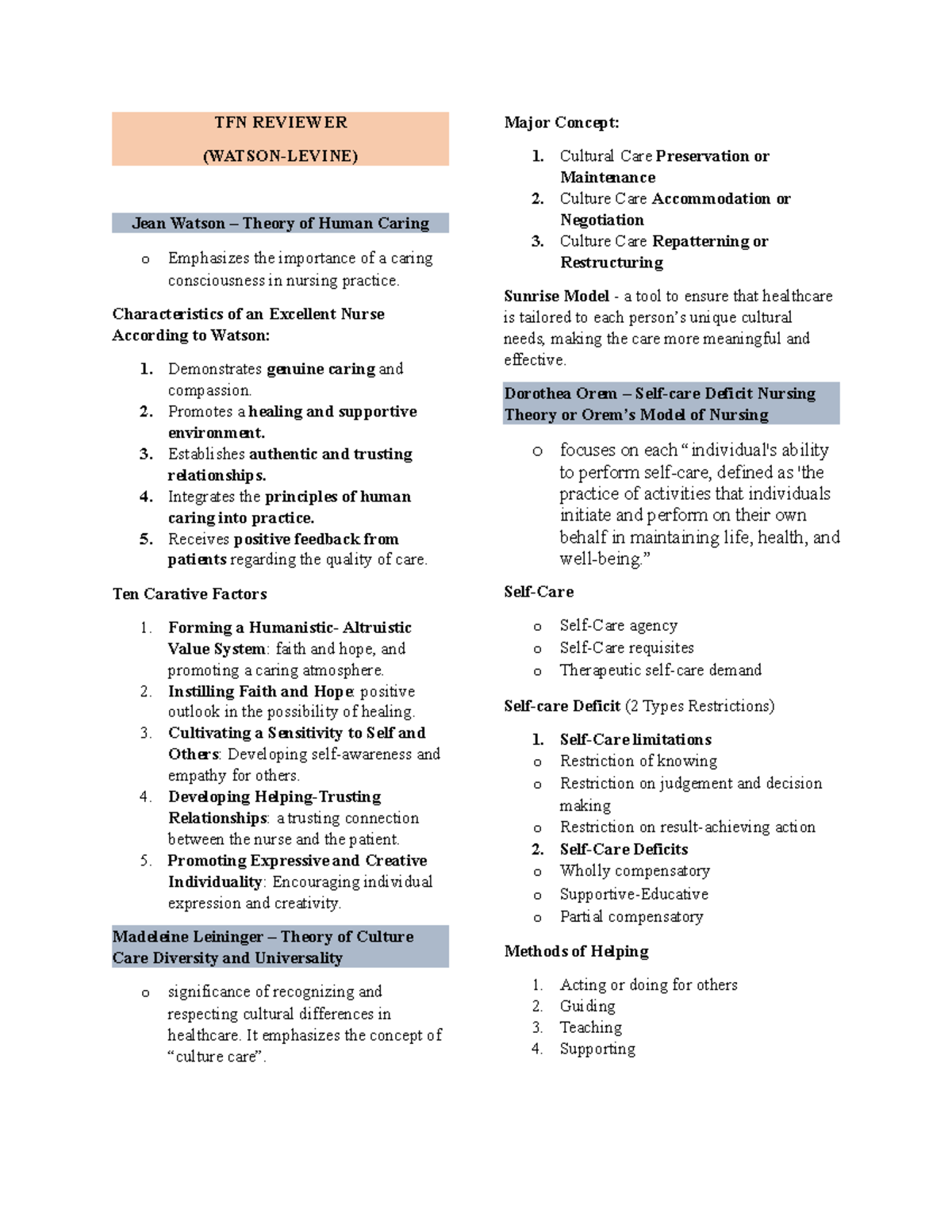 TFN Theories II - notes - TFN REVIEWER (WATSON-LEVINE) Jean Watson ...