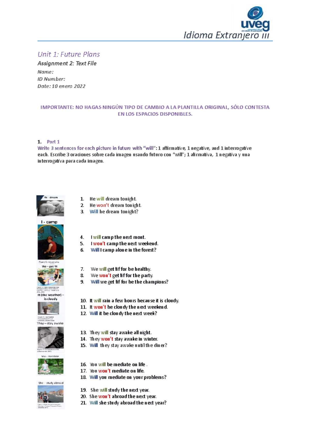 Assignment 2 tex file - Idioma Extranjero III Unit 1: Future Plans Assignment 2: Text File Name ...