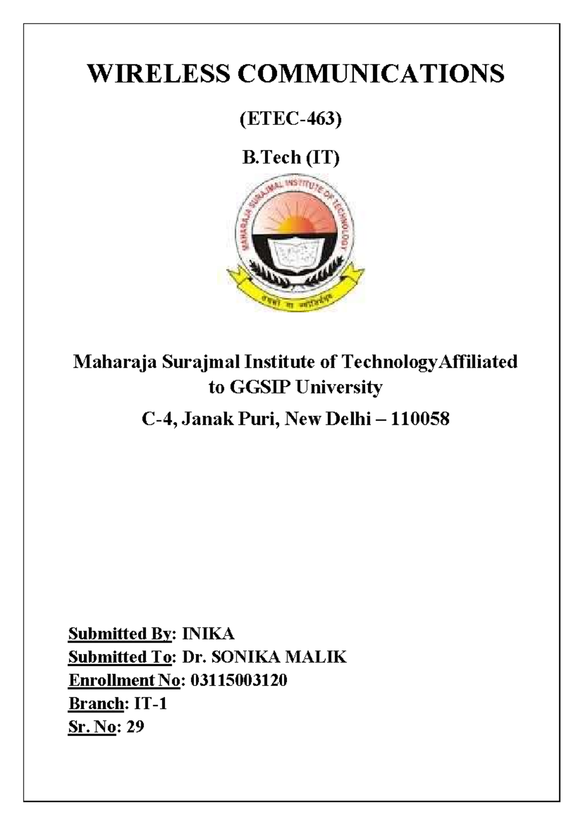 WC lab file MSIT - WIRELESS COMMUNICATIONS (ETEC-463) B (IT) Maharaja ...