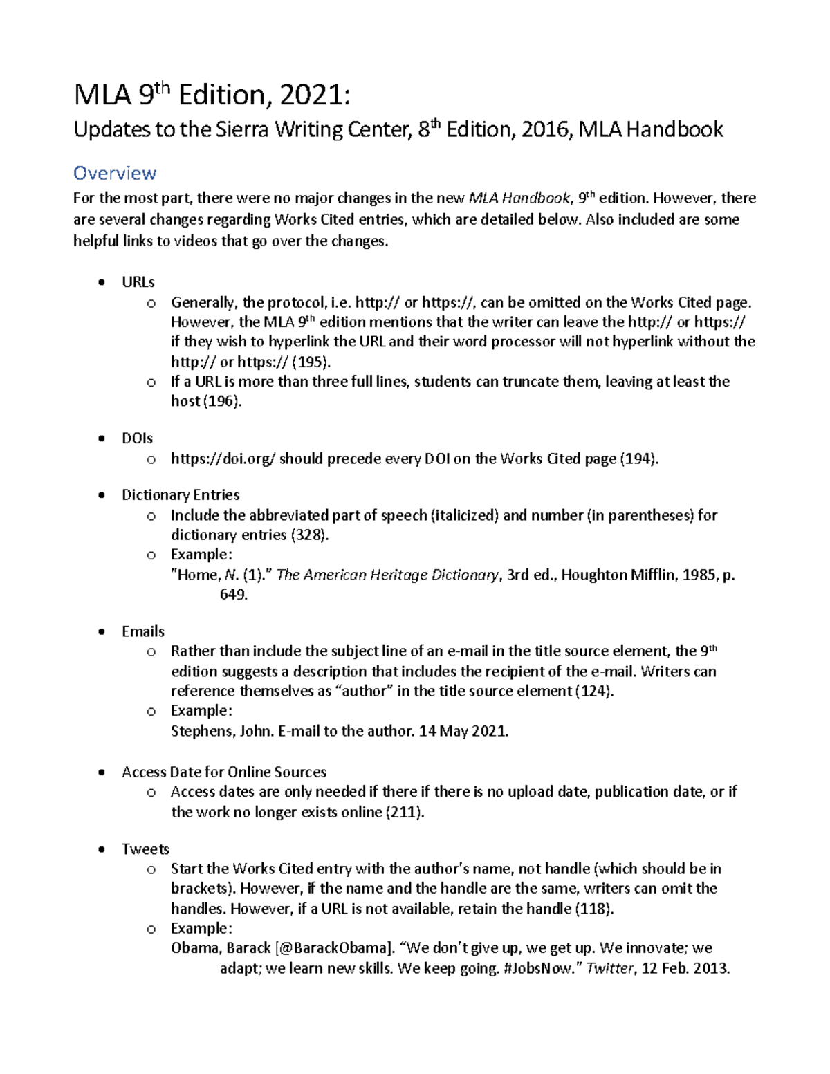 MLA 9th Edition Updates - MLA 9 th Edition, 2021: Updates to the Sierra ...