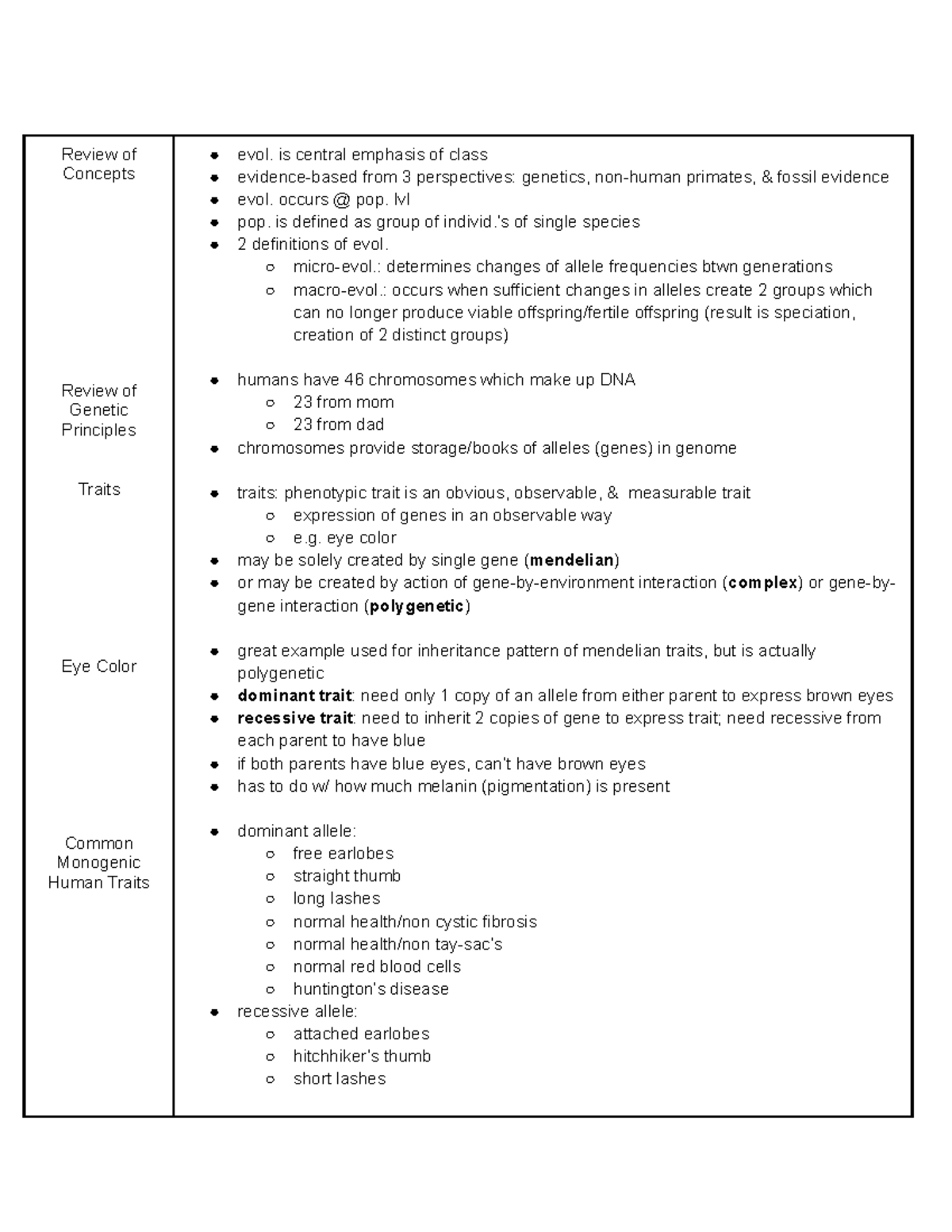 Key Concepts for Evolution - Review of Concepts Review of Genetic ...