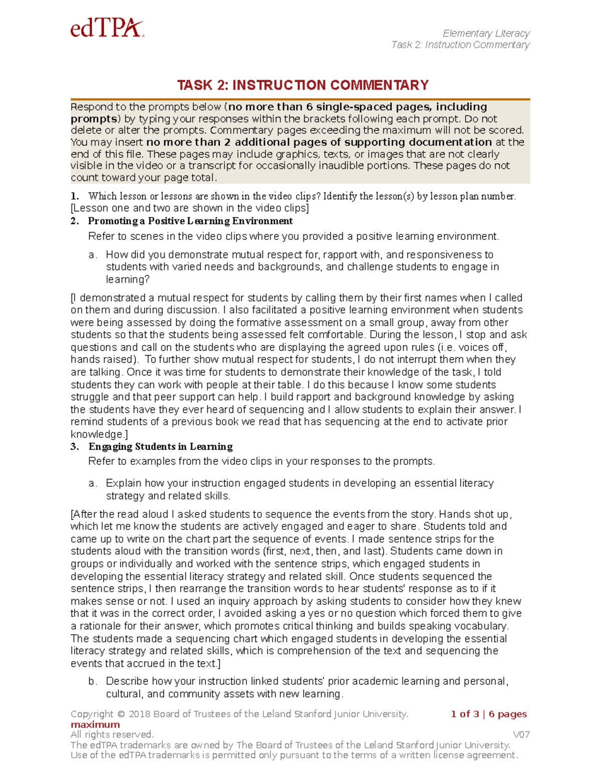 Task2Commentary Edtpa Elementary Literacy Task 2 Instruction