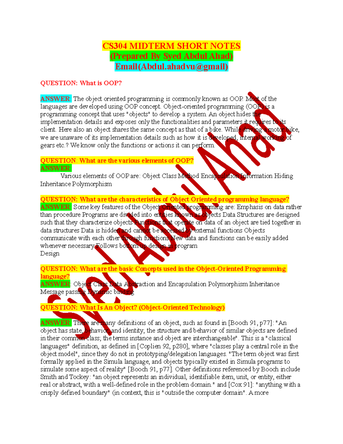 CS304 Midterm Short Notes By Syed Abdul Ahad - CS304 MIDTERM SHORT ...
