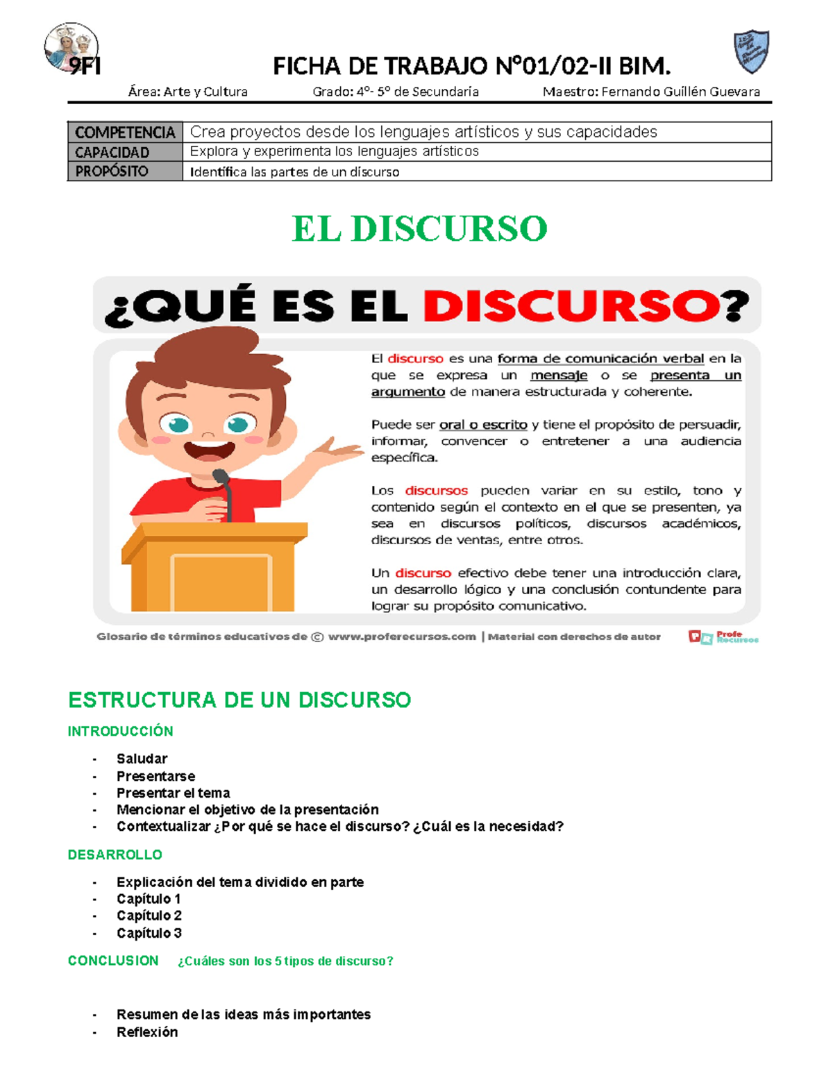 Ficha DE Actividades 01- 02- II BIM- 4°-5°Sec- el discursoi - 9FI FICHA ...