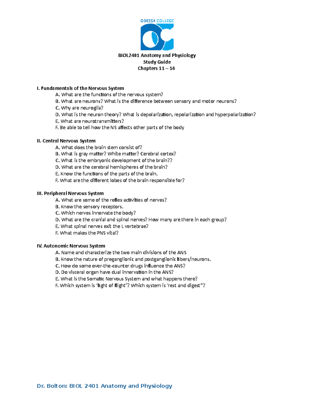 Anatomy and Physiology Study Guide Chapters 11 - 14 - Fundamentals of ...