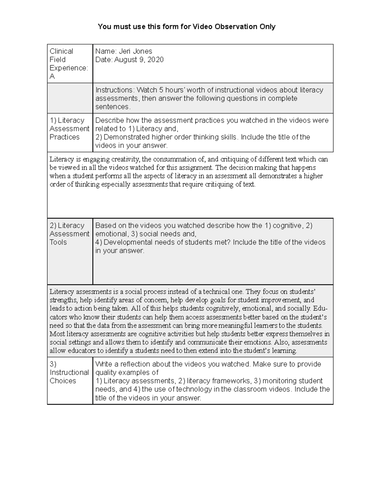 Topic 2 Assignment 1 - Clinical Field Experience using video ...