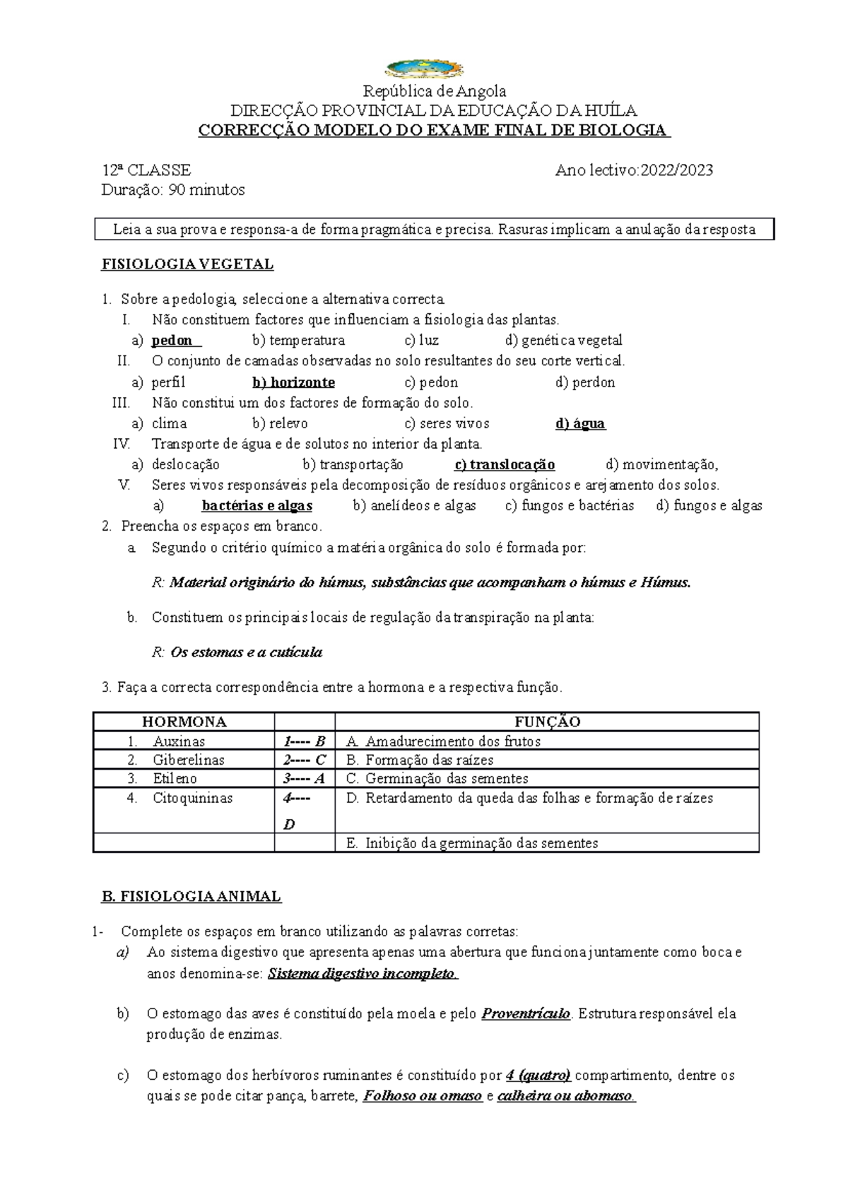 CorrecçÃO Modelo DE Prova DE Exame Final 2023 - República de Angola ...