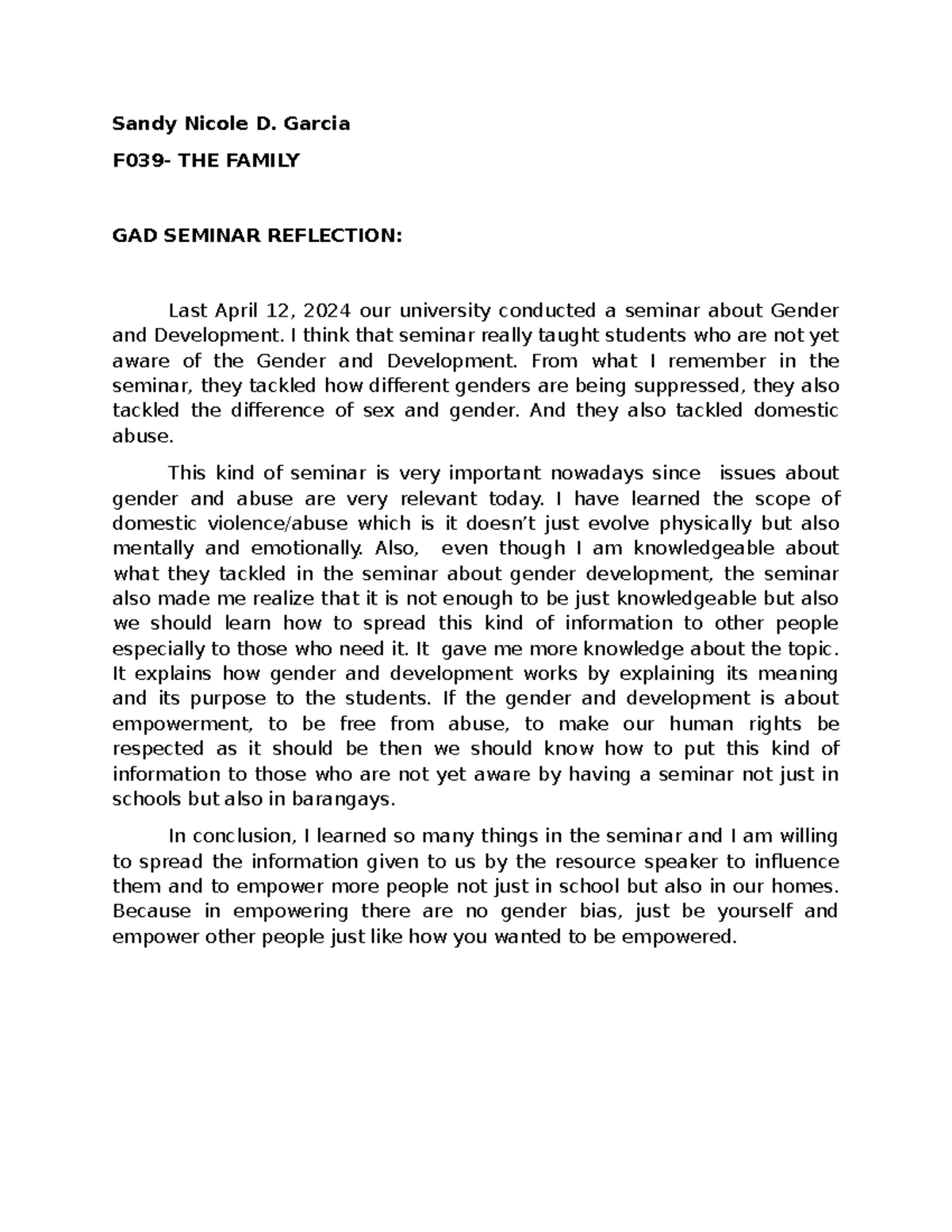GAD Seminar Reflection-1 - Sandy Nicole D. Garcia F039- THE FAMILY GAD ...